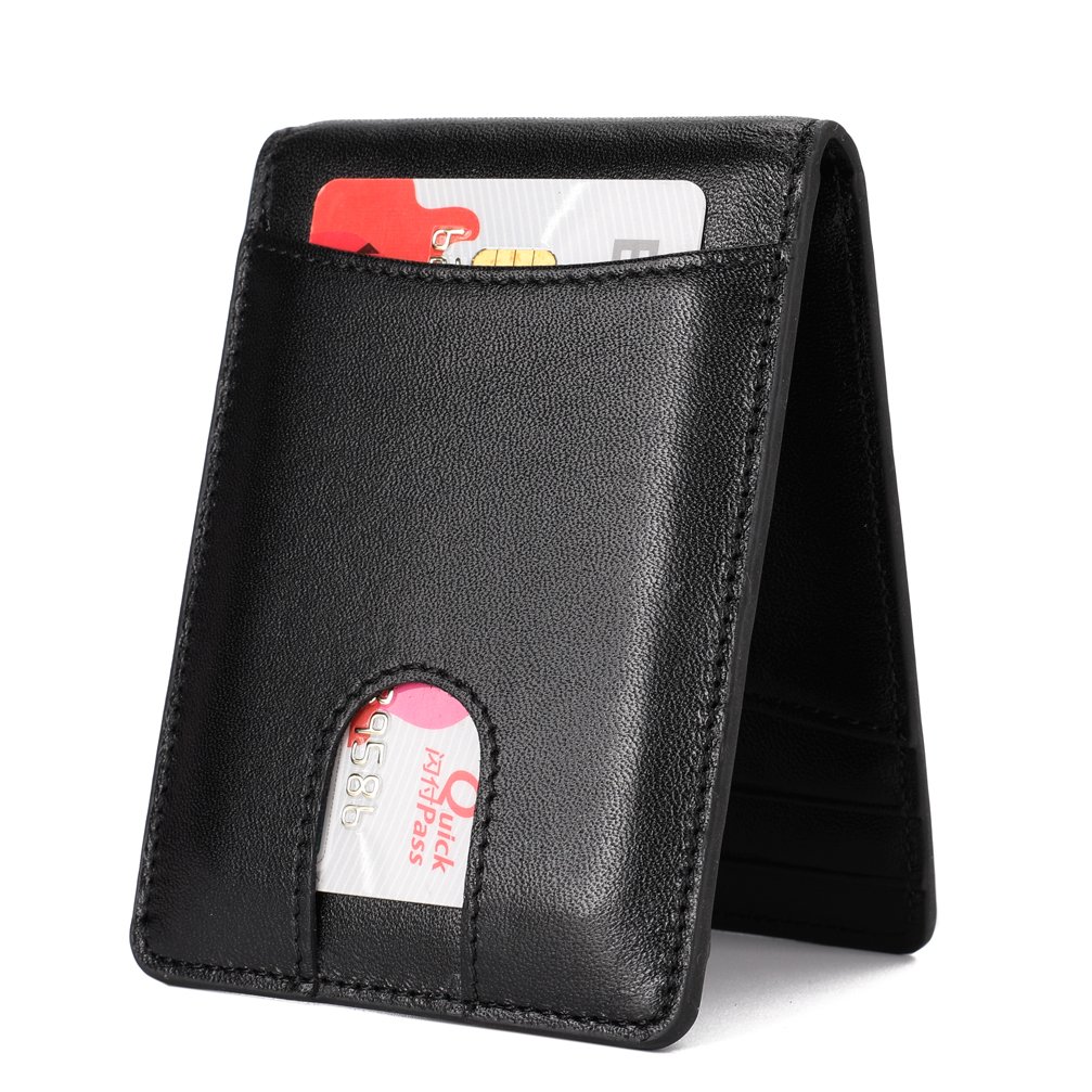 Mens Wallet Slim Genuine Leather Front Pocket Wallet for Men Billfold with ID Window Magnetic Money Clip Quick Access Slot and RFID Blocking - Black