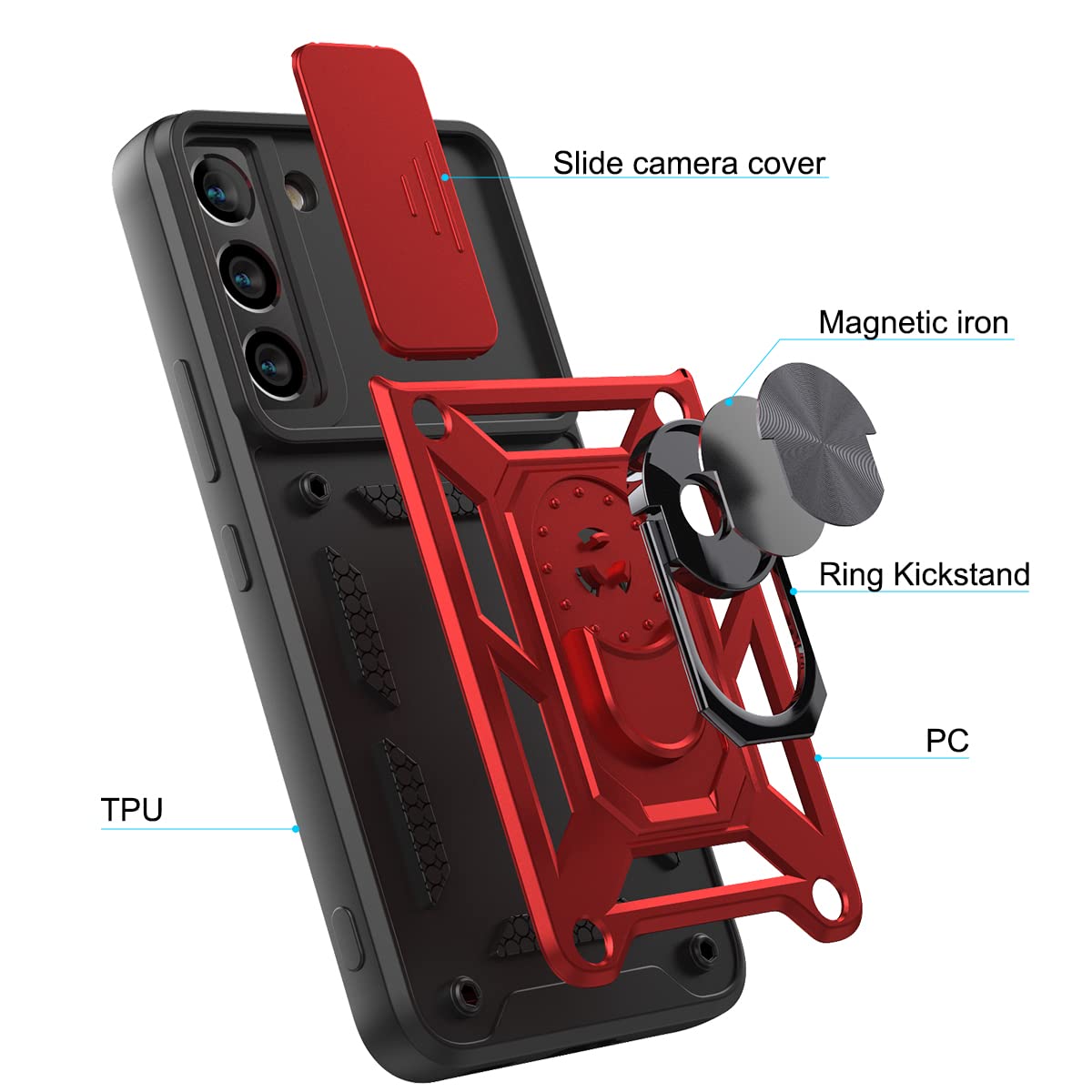 Paton Designed for Galaxy S22 Plus Case, Galaxy S22 Plus 5G Shockproof Case with Slide Camera Cover, Built-in 360° Rotate Ring Stand Magnetic Cover Case for Samsung Galaxy S22 Plus (Red)