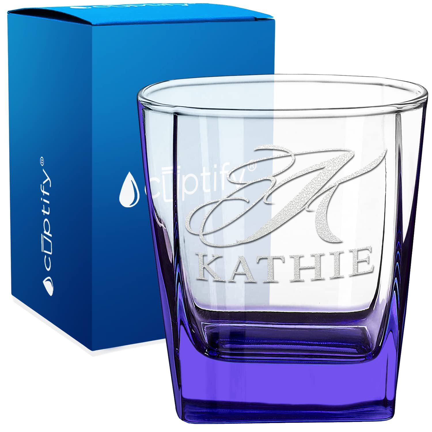 Personalized Whiskey Glass for Men Script Initial and Name 12 oz Purple Bottom Etched Double Old Fashioned Rocks Cocktail Bourbon Glass Custom Gift