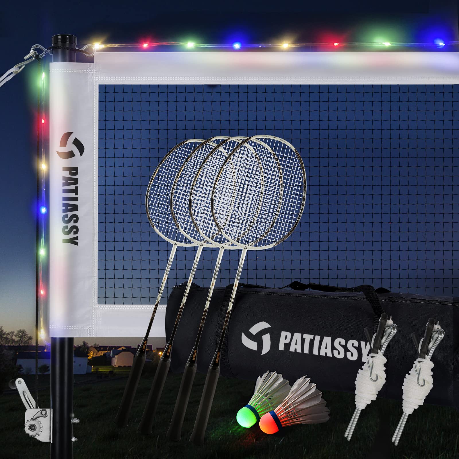 Patiassy Badminton Net Set with Light Portable LED Badminton Sets for Backyards with Net, 2 LED Badminton Shuttlecocks, 4 Badminton Rackets, Winch System and Carrying Bag