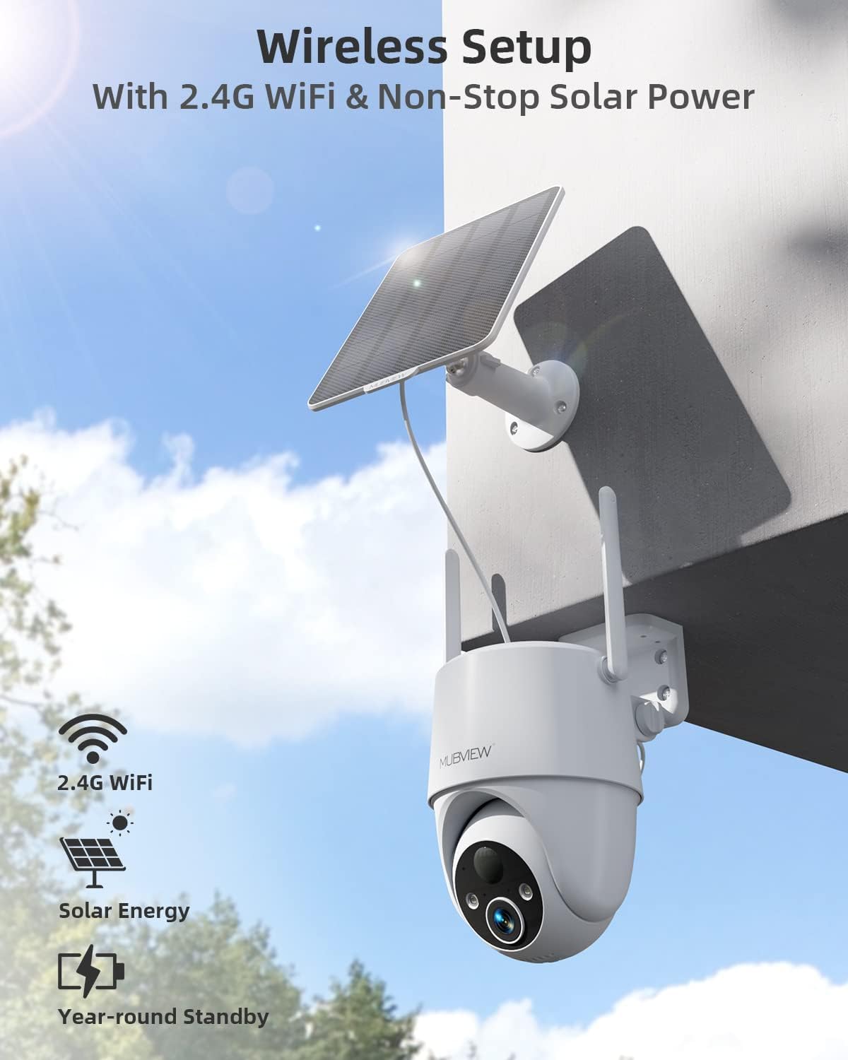 MUBVIEW Solar Security Cameras Wireless Outdoor, 2K 360° PTZ Battery Powered Outdoor Camera, 2.4Ghz WiFi Home Security Camera, Color Night Vision, Motion Detection, 2-Way Audio, SD/Cloud Storage