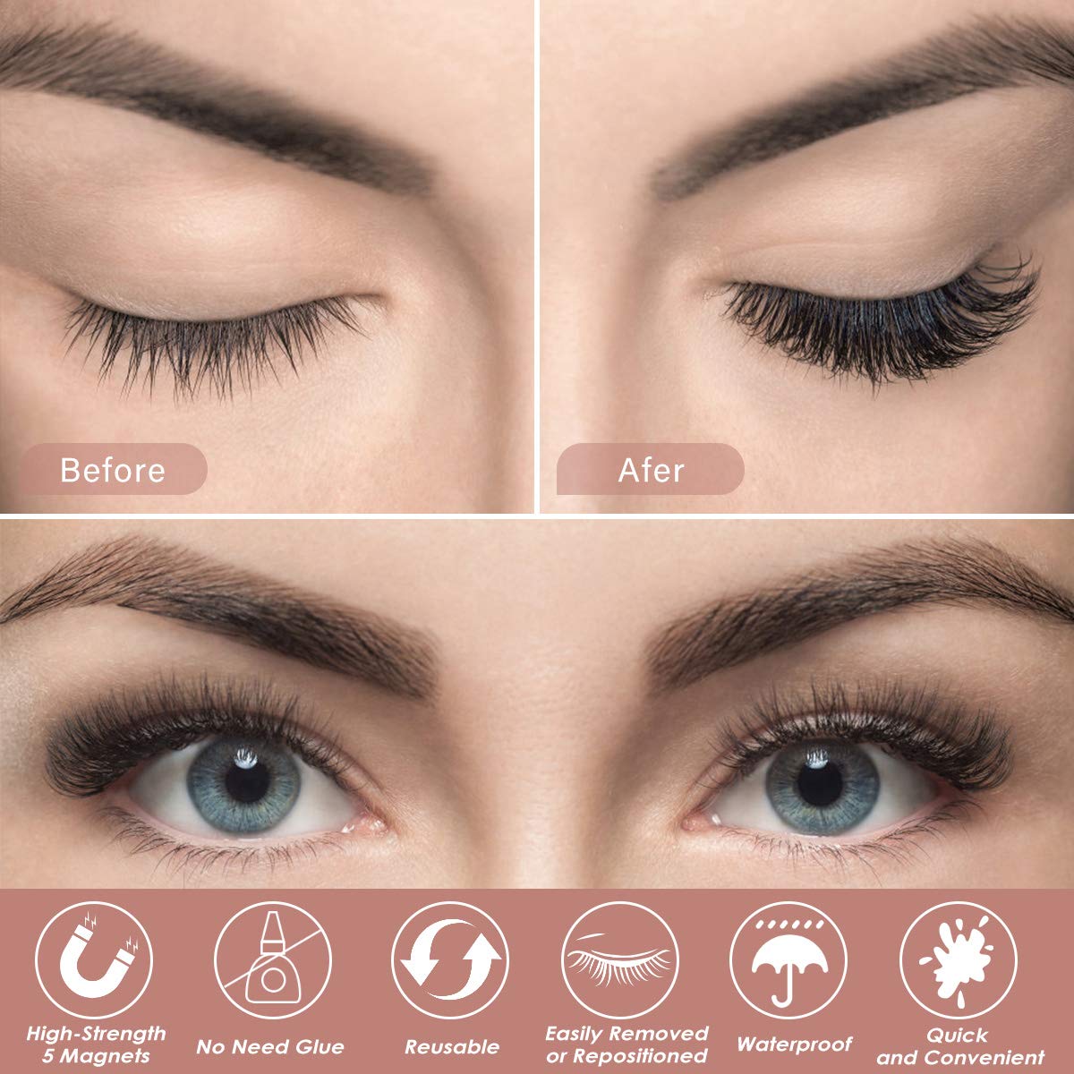 Magnetic Eyelashes with Eyeliner Kit, 6 Pairs 3D Natural Look Reusable False Magnetic Eyelashes, 2 Tubes Long Lasting Magnetic Eyeliner 10mL, Mirror Box with Professional Tweezers - No Glue Needed