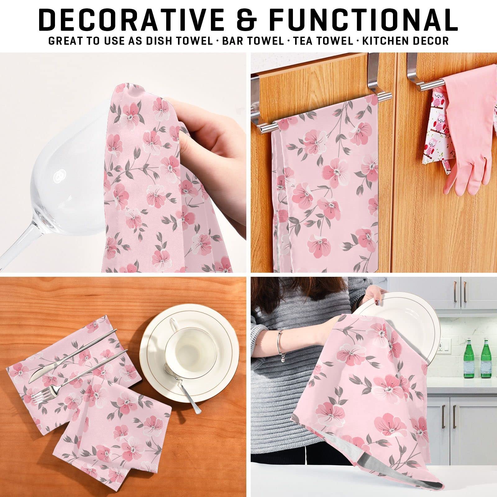 MNSRUU Kitchen Towels Dishcloths Sets 4Pcs with Hanging Loop, Floral Cherry Blossoms and Branches Pink Absorbent Kitchen Décor Cleaning Hand Towel Tea Towels for Farmhouse Kitchen Dishes Tea Home