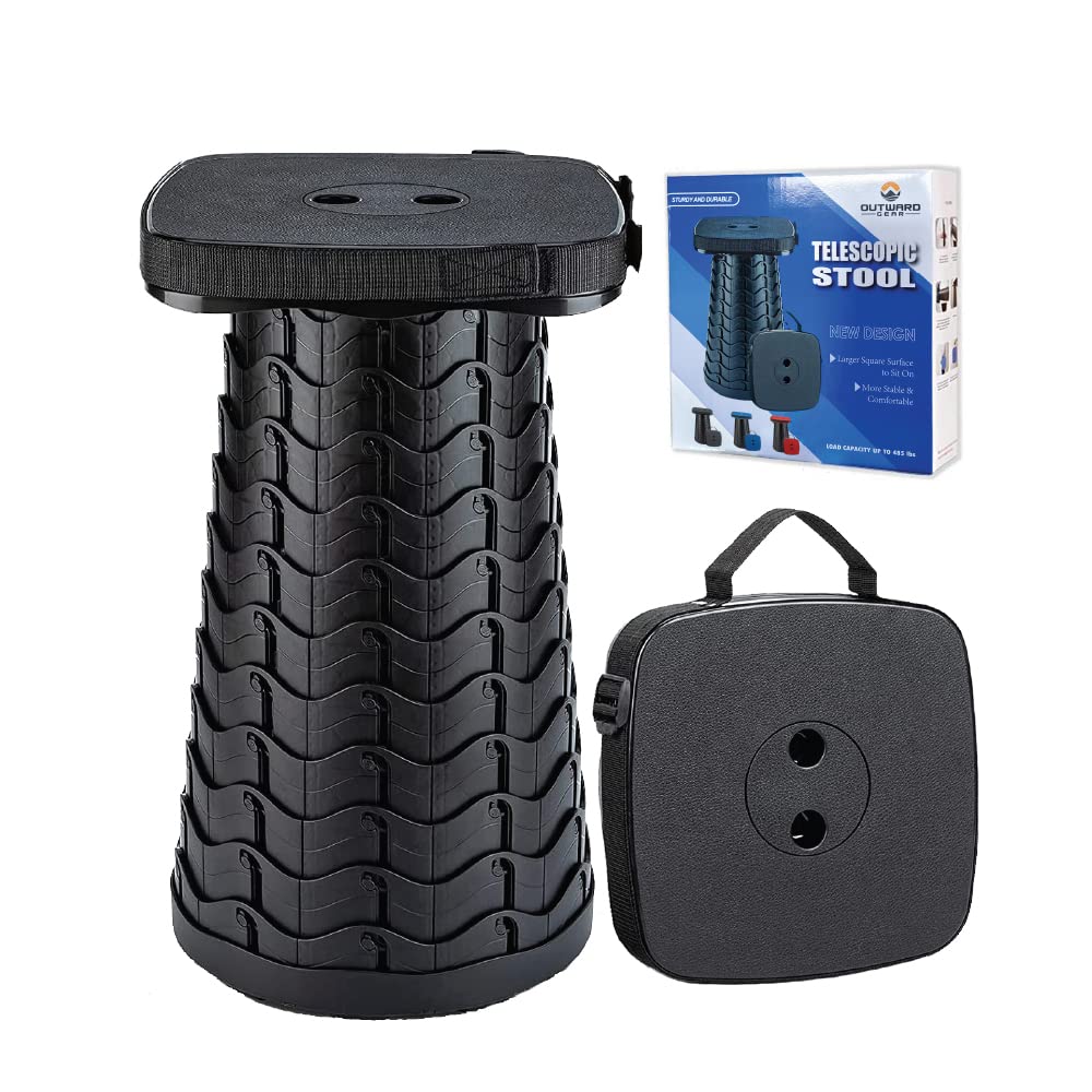 Outward Gear Upgraded Collapsible Stool Large Square Portable Folding Chair for Adults Camping Stool Sturdy Foldable Retractable Telescoping Stool (Black)