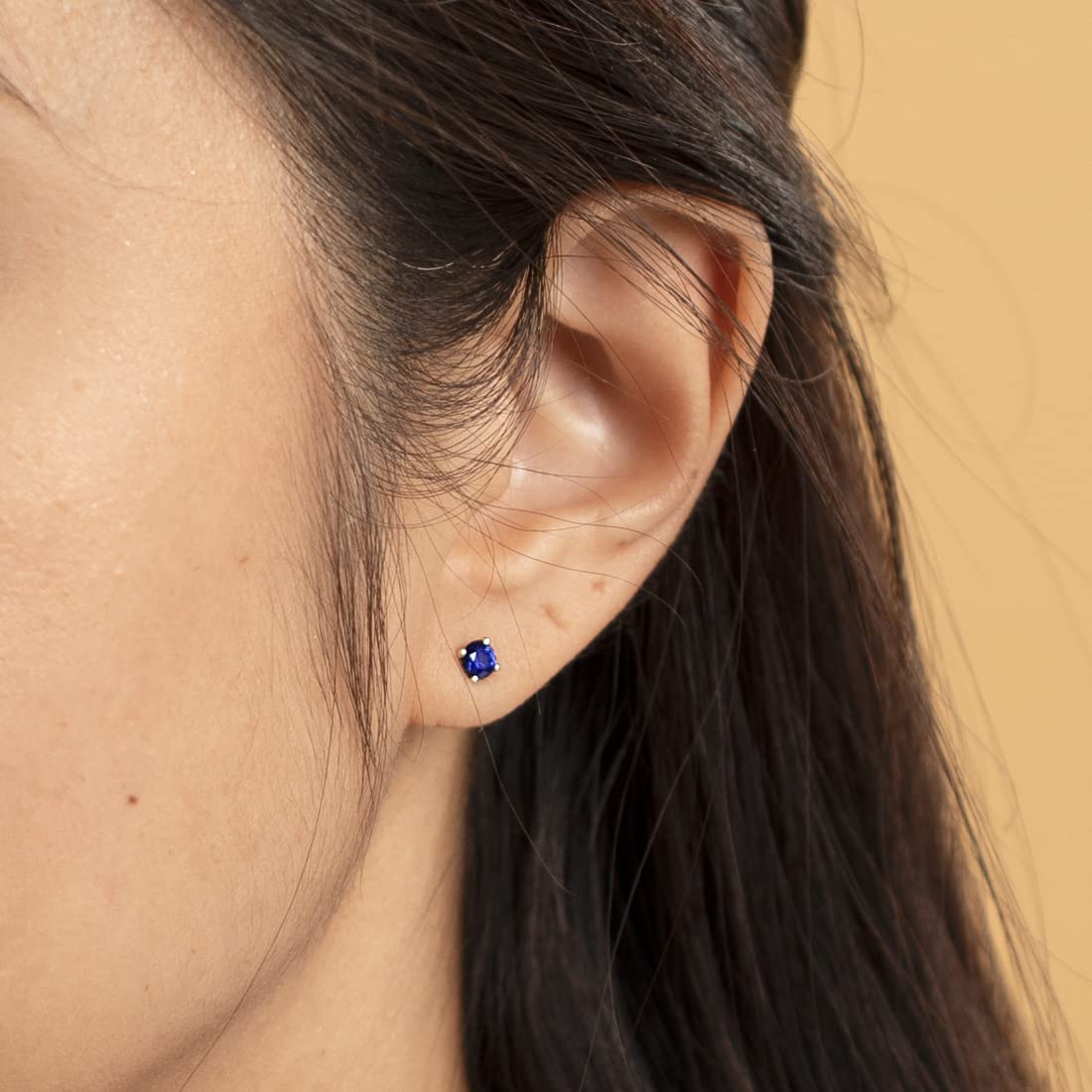 Peora Solid 14K White Gold 4mm Round Created Blue Sapphire Solitaire Stud Earrings for Women, Hypoallergenic 0.50 Carat total AAA Grade, September Birthstone, Friction Backs, Blue Earrings for Women