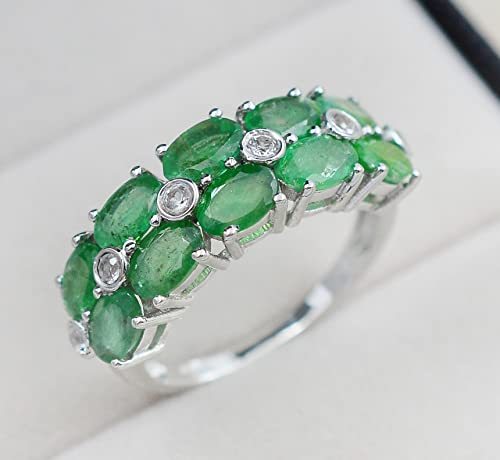 Natural 6X4 MM Zambian Emerald Oval Cut Gemstone 925 Solid Silver May Birthstone Cluster Unisex Ring For Wedding Gift (Yellow Gold Rhodium Plated Silver, 7)