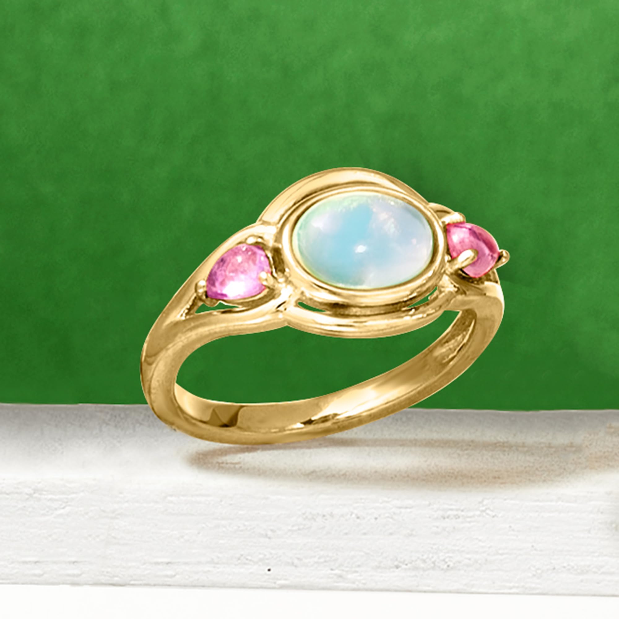 Ross-Simons Ethiopian Opal and .40 ct. t.w. Pink Tourmaline Ring in 18kt Gold Over Sterling. Size 8