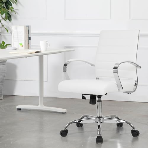 LANDSUN Home Office Chair Mid Back Desk Chair PU Leather Ribbed Executive Swivel Computer Chair with Wheels and Armrests Soft Padded Adjustable Height Conference Task White