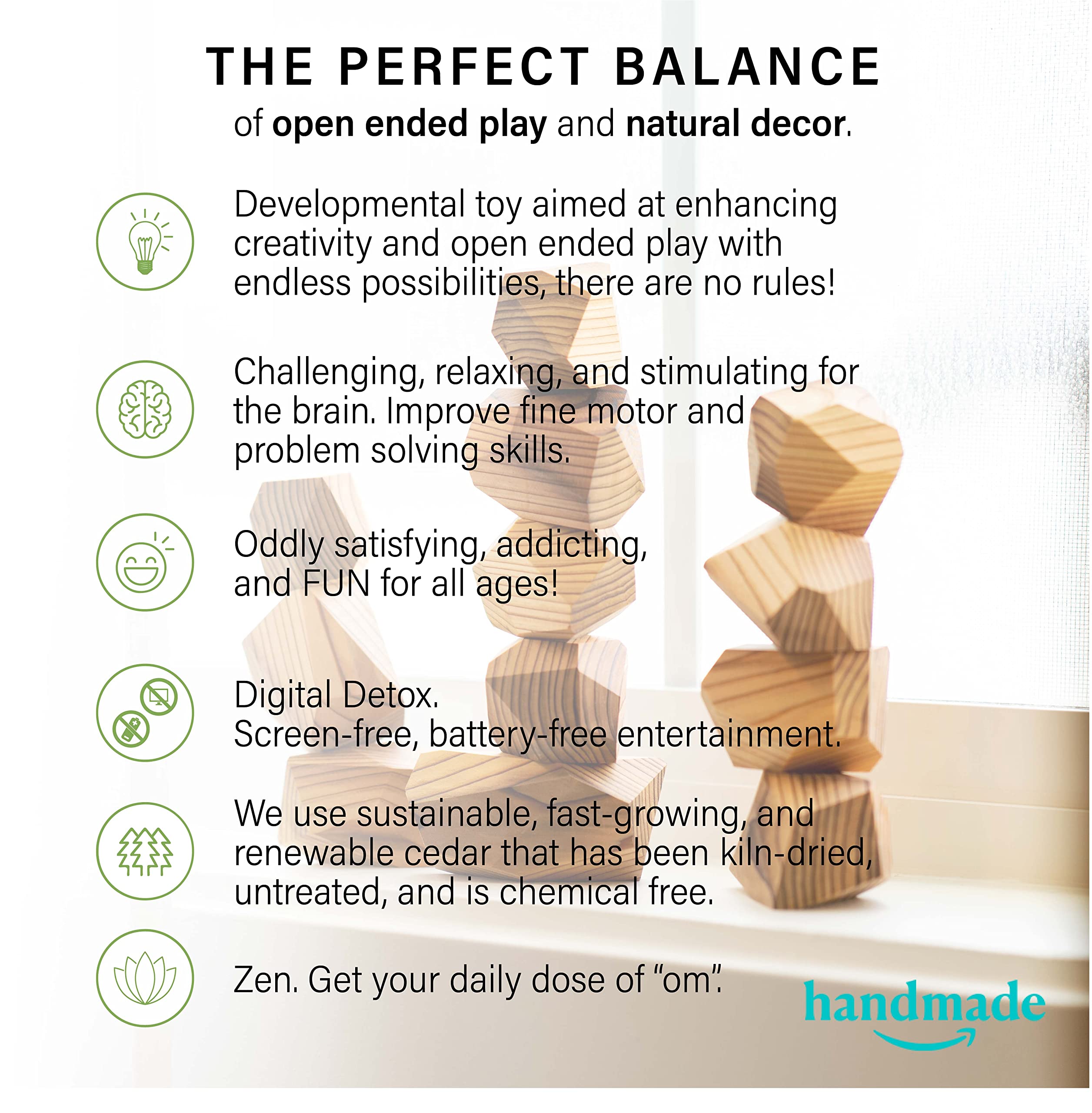 PERCHED Natural Cedar Stacking Rocks, Large Wooden Blocks, Montessori Puzzle Game, Toddler Toys For Classroom, Wood Balancing Stones Set (12 Pc)