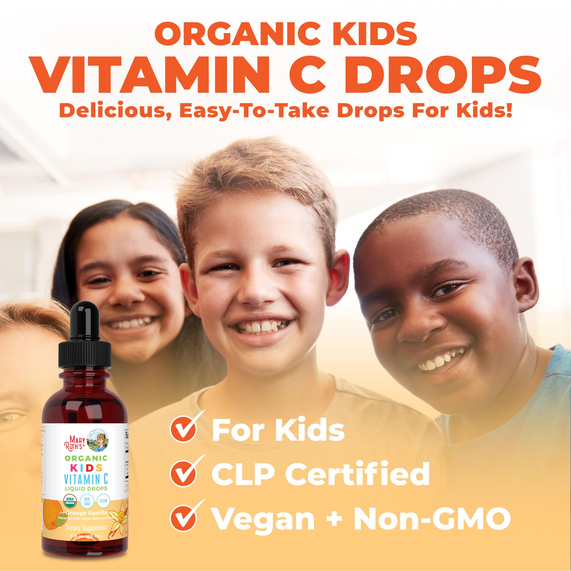 MaryRuth Organics USDA Organic Kids Vitamin C Drops | Vegan Vitamin C Immune Support Supplement for Ages 4-13 | Immune Support & Overall Health | Vitamin C from Organic Acerola Fruit Extract | 2oz