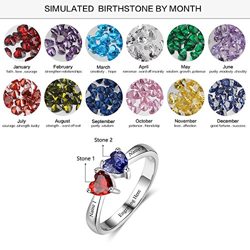 Nauchild Personalized Womens Ring with 2 Heart Shape Birthstones and 2 Names 925 Sterling Silver Rings for Mother/Wife (7)