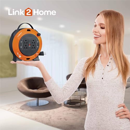 Link2Home Heavy Duty Retractable Extension Cord Reel 20 Ft. With 4 Outlets & 16AWG 3-Prong SJT Cord