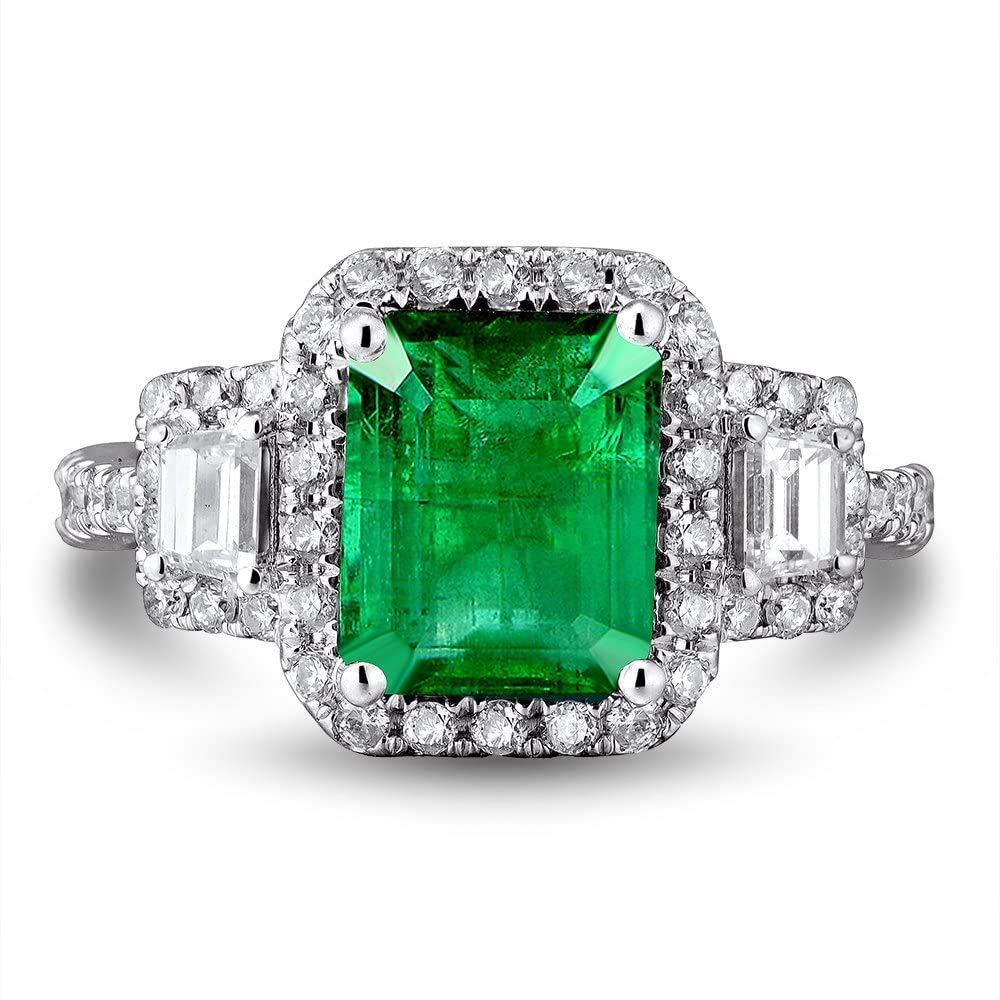 Lanmi Beautiful Natural Green Emerald Diamonds Engagement Ring Solid 14K White Gold Wedding Rings for Ladies Women Promotion
