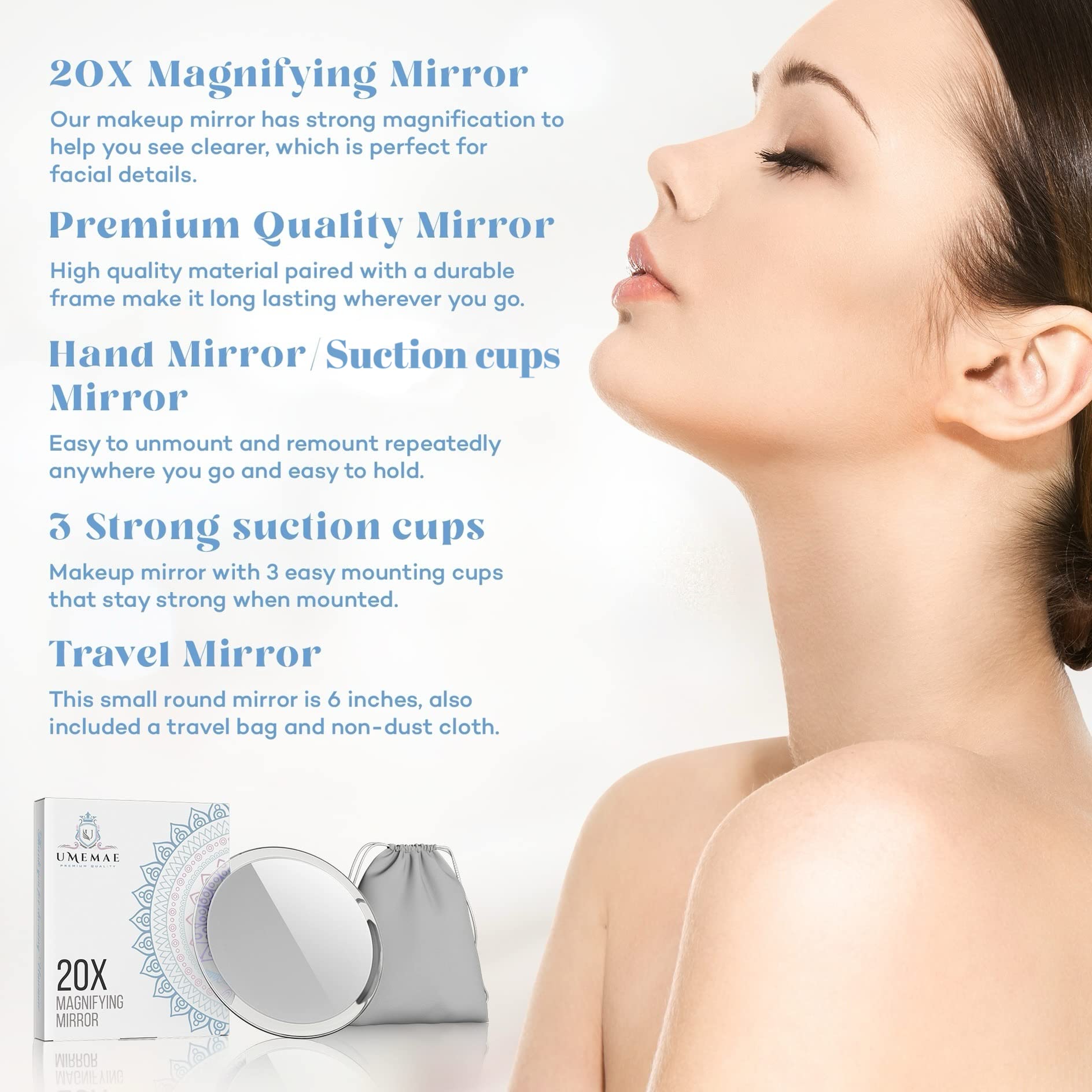 UMEMAE 20X Magnifying Mirror with 3 Strong Suction Cups- 6 Inch Mirror- Use for Makeup Application/Makeup Details- Tweezing- Removing Blackheads/Blemishes-Suction Cups Mirror- Easy Mounting.