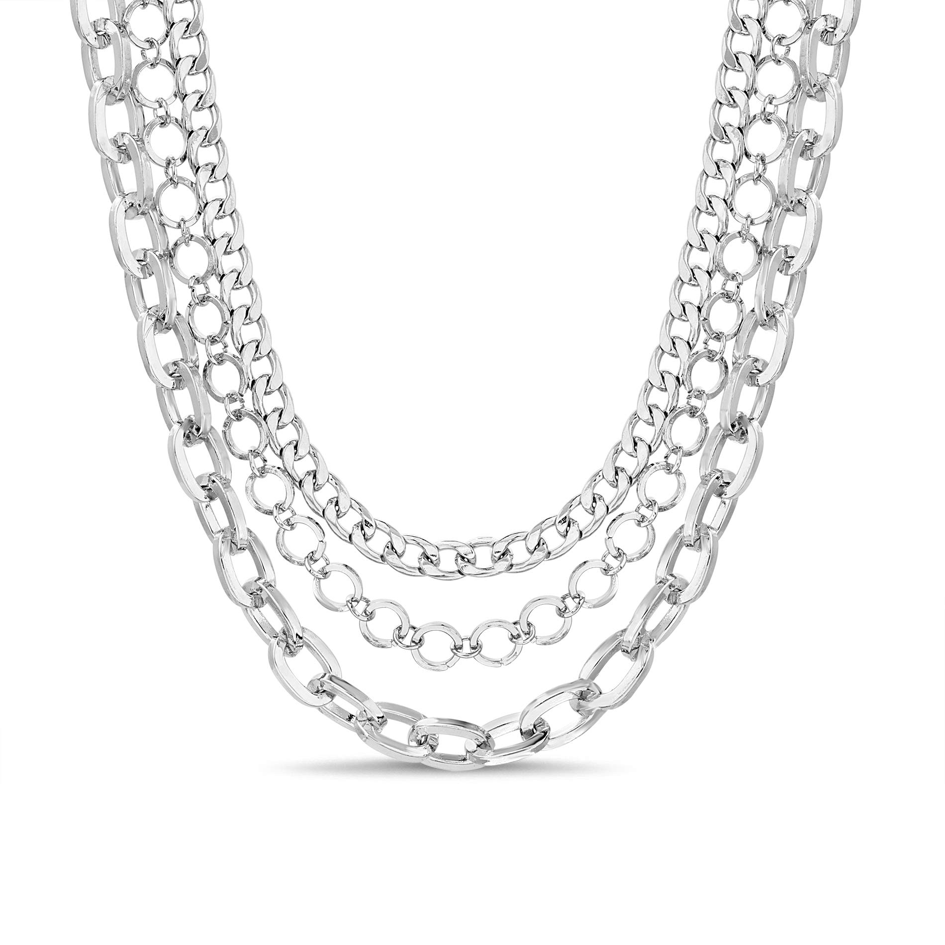Nautica 14K Gold Plated Brass Necklace - Three Row Layered Statement Chain Necklace for Women, Yellow Bead/Paperclip/Box