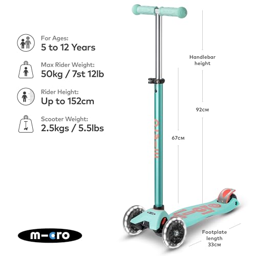 Micro Kickboard - Maxi Deluxe LED 3-Wheeled, Lean-to-Steer, Swiss-Designed Micro Scooter for Kids with LED Light-up Wheels, Ages 5-12 (Mint)