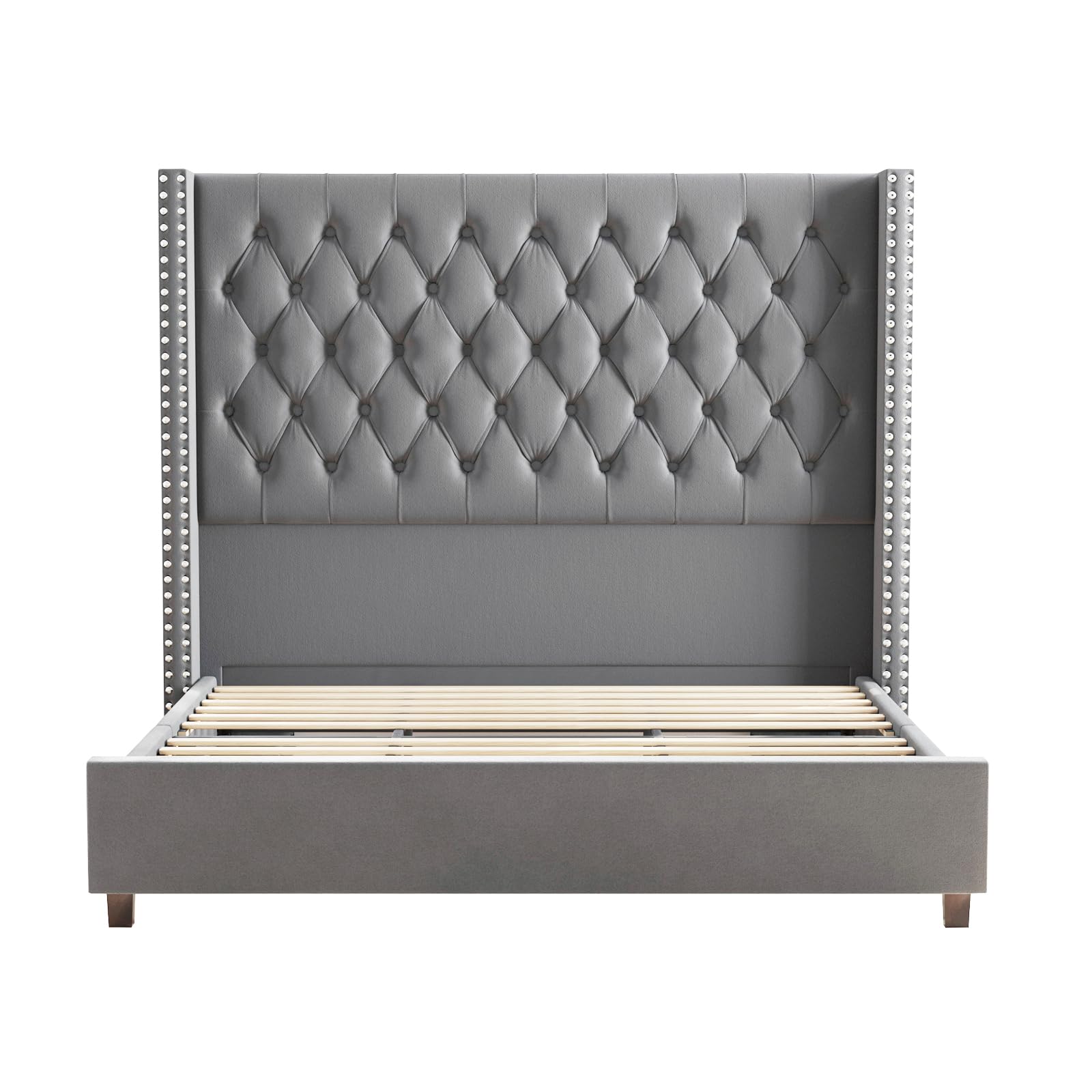 Jocisland Velvet Upholstered Bed Frame King Size 61.4" Tall Headboard King Bed Frame/Deep Button Tufted/No Box Spring Needed/Grey