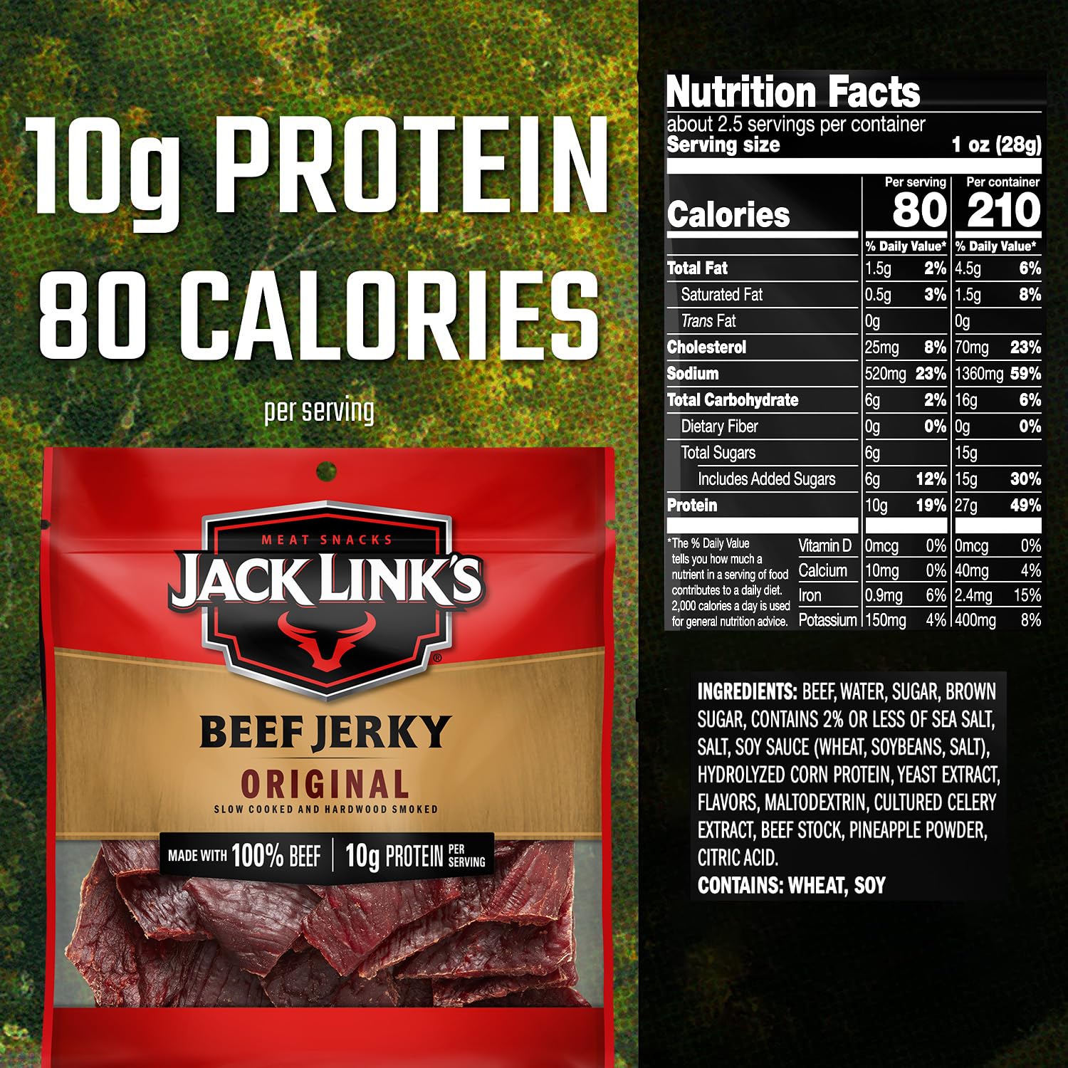 Jack Link's Beef Jerky, Original Flavor, 2.6 Oz - Flavorful Meat Snack, 10g Of Protein And 80 Calories, Made With 100% Beef - No Added MSG Or Nitrates/Nitrites