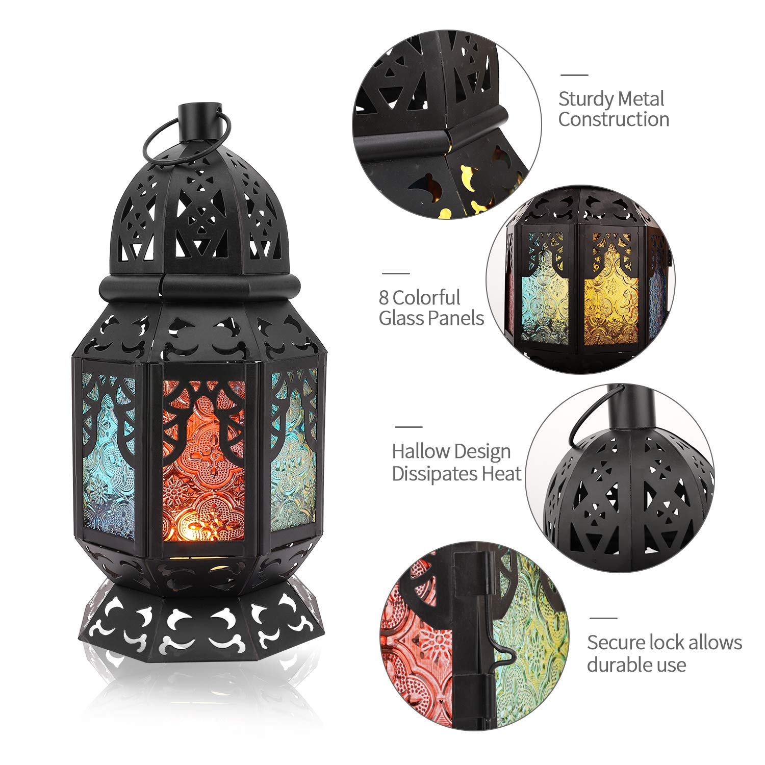 Lewondr Retro Iron Ramadan Candle Lantern, 13.8 Inch Portable Moroccan Wrought Iron Stained Glass Decorative Lantern Candle Holder Hanging Lamp Wind Lantern for Home Decor, Large – Black + Colorful