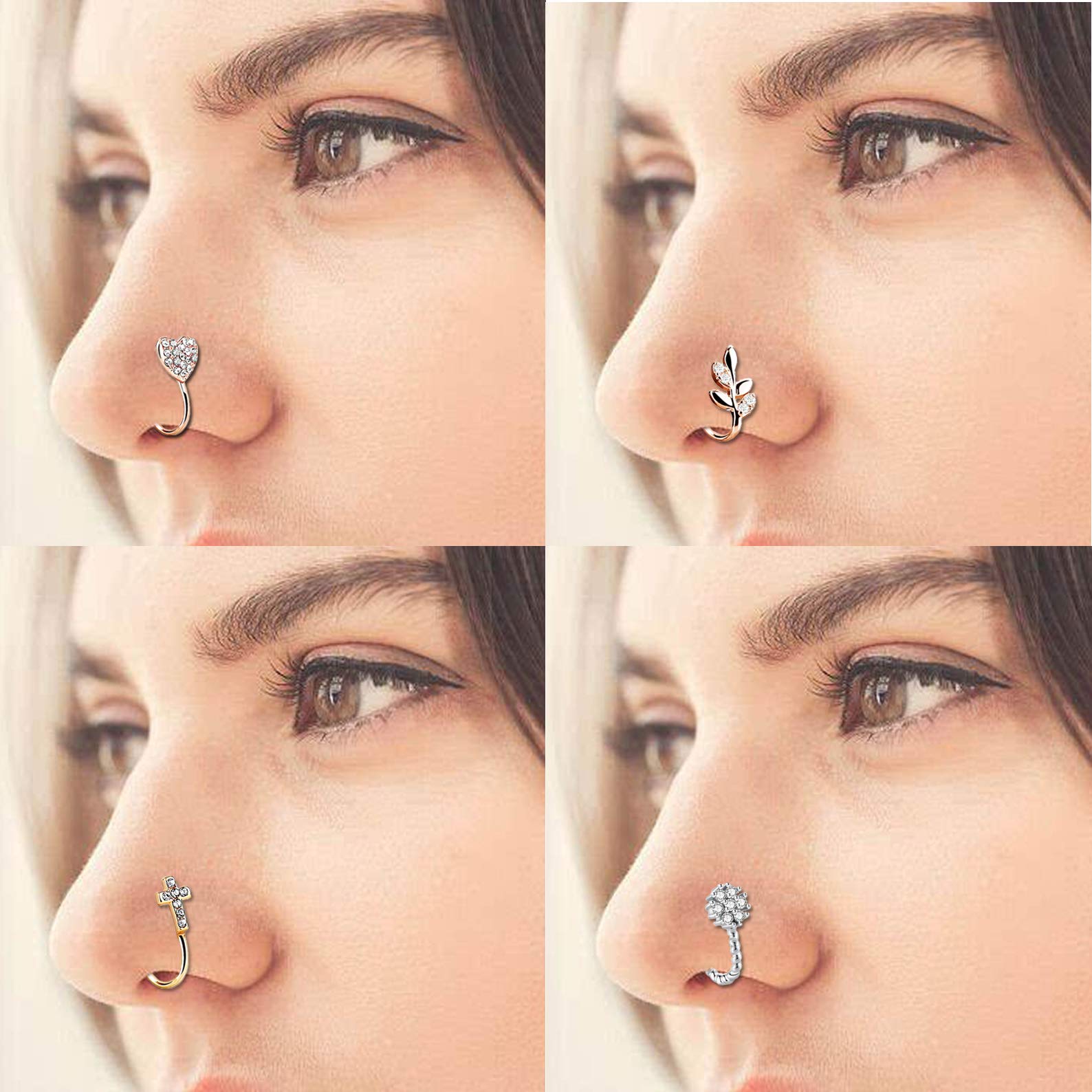 Masedy 9Pcs Fake Nose Rings Hoop Clip On Faux Setump Cartilage Tragus Ring Non Piercing Jewelry G