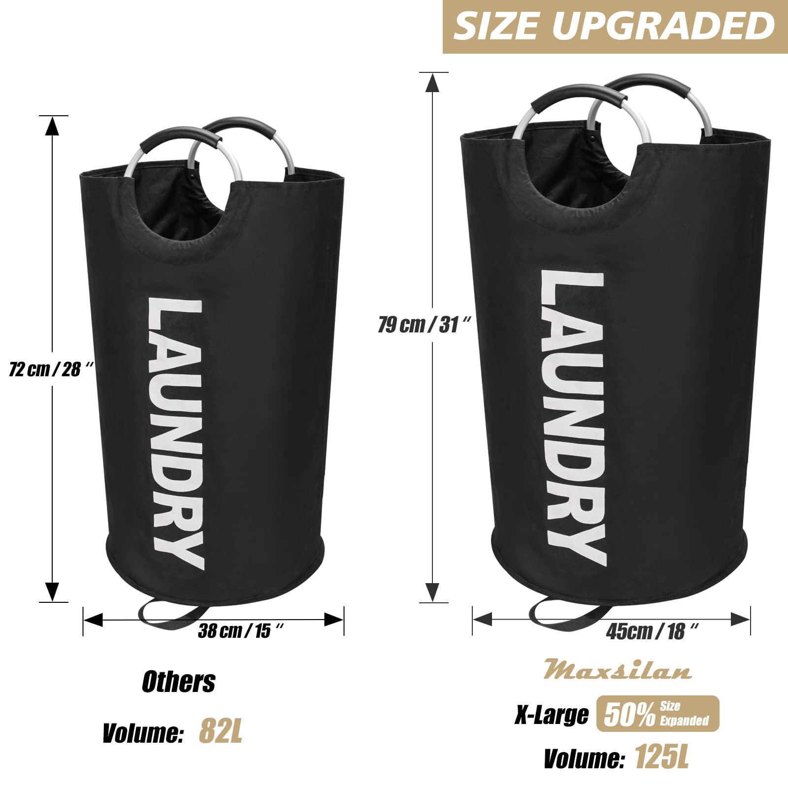 Maxsilan 125L X-Large Laundry Basket, Freestanding Tall Clothes Hamper, Collapsible Laundry Bag,Waterproof with Foam Protected Aluminum Handles for College Dorm, Family, Black