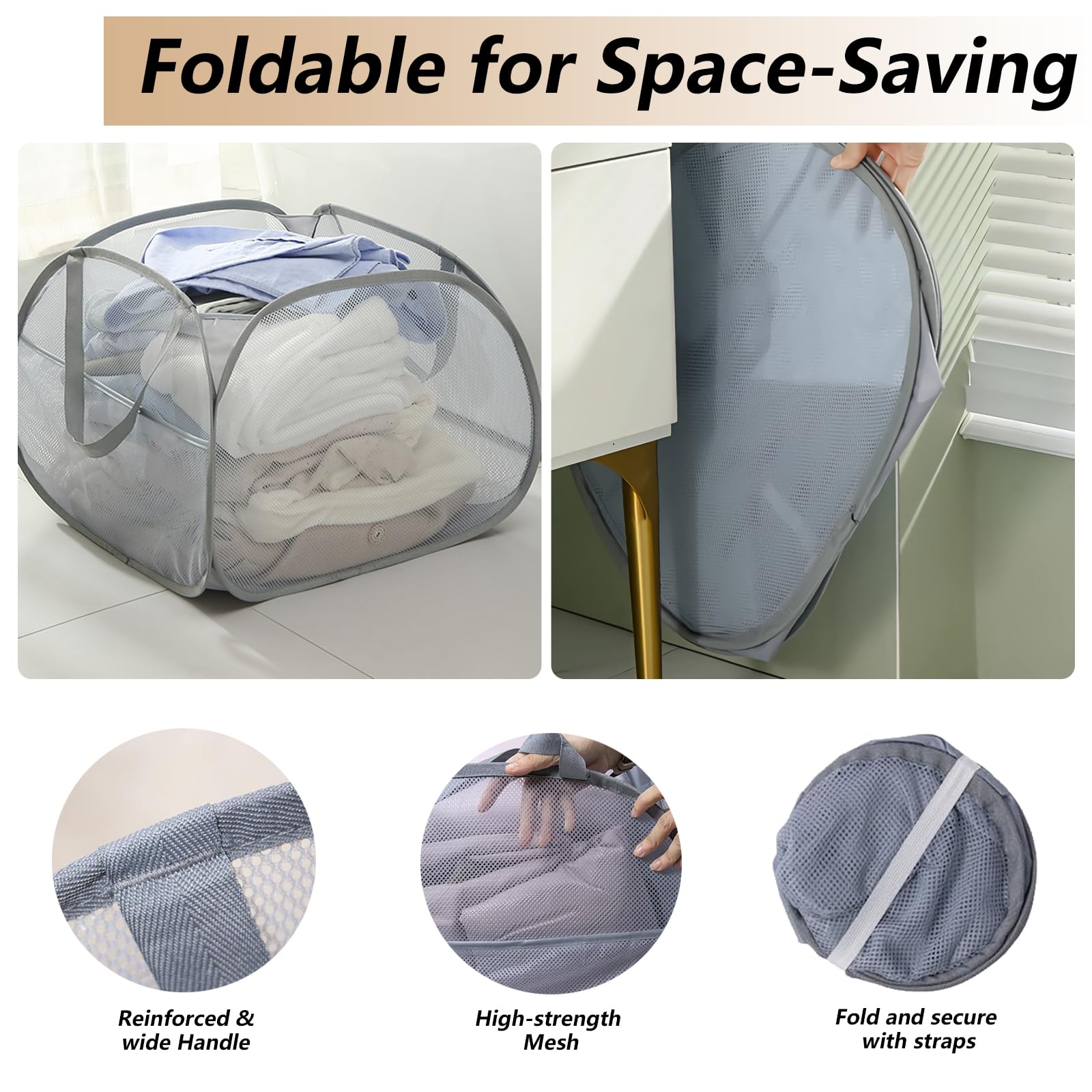 YTEACIUL 2Pcs Collapsible Laundry Baskets,Gray Mesh Pop Up Laundry Basket,Space-Saver with Side Pocket,Portable & Versatile Bathroom and Home Organizer for Laundry and Storage (90L)