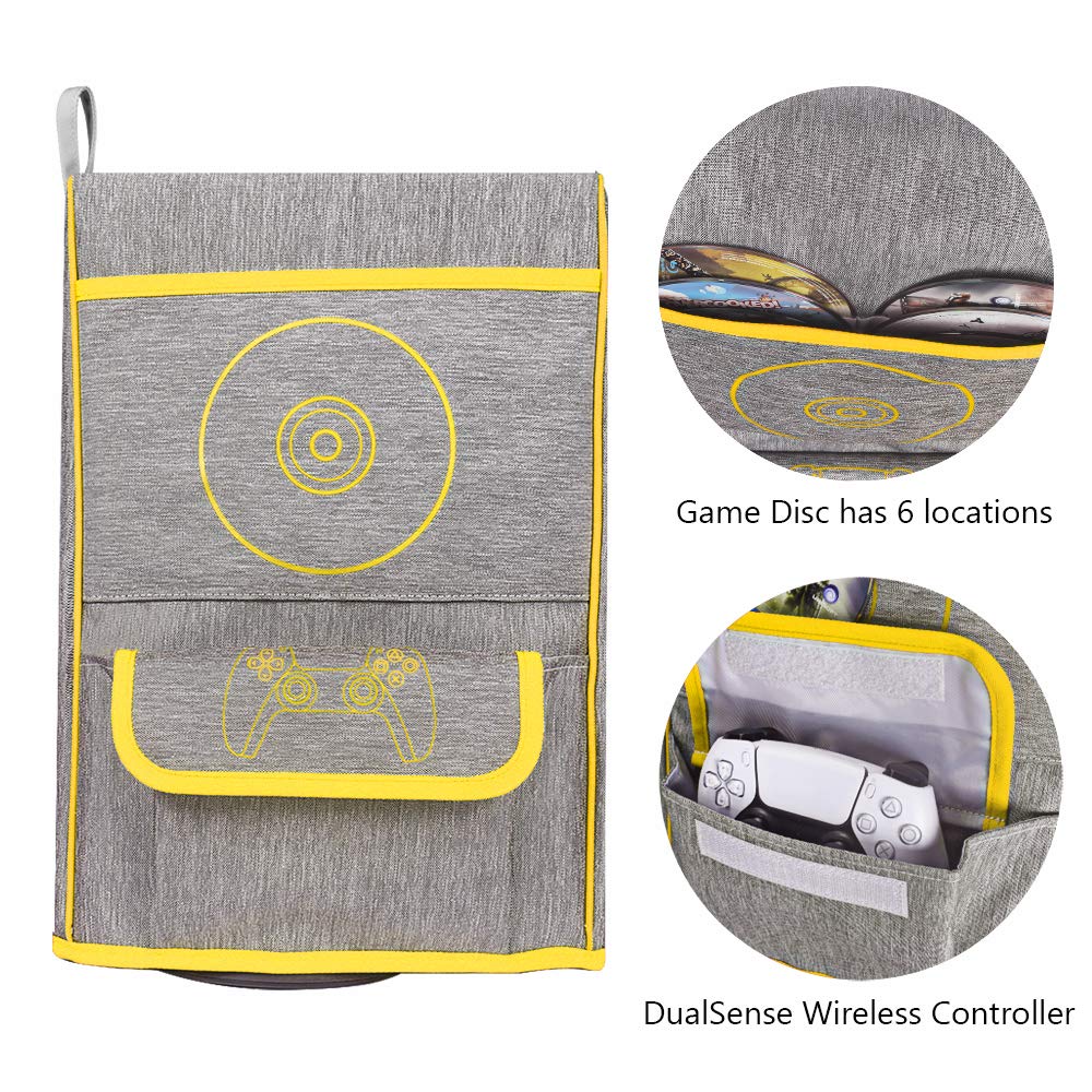 MASiKEN Console Cover - For PS5 Universal Controllers Protective Guard, 12 Pcs Disc Pocket With Easy Access Cable Port, Soft Velvet Linning Dust Cover Protector For ps5 (Yellow)