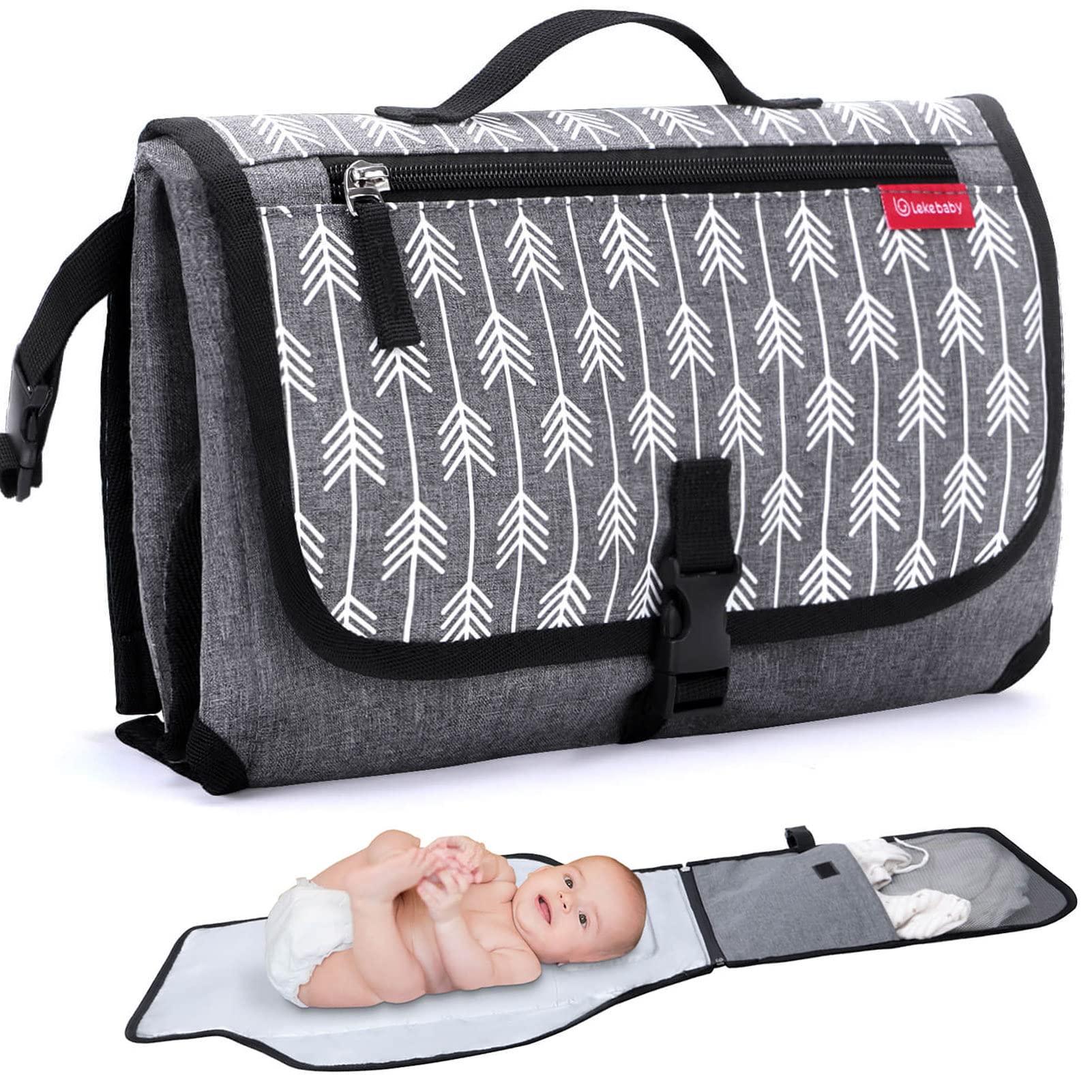 Lekebaby Diaper Changing Pad Portable Changing Pad Baby Change Mat Waterproof with Built-in Head Cushion, Grey with Arrow Print