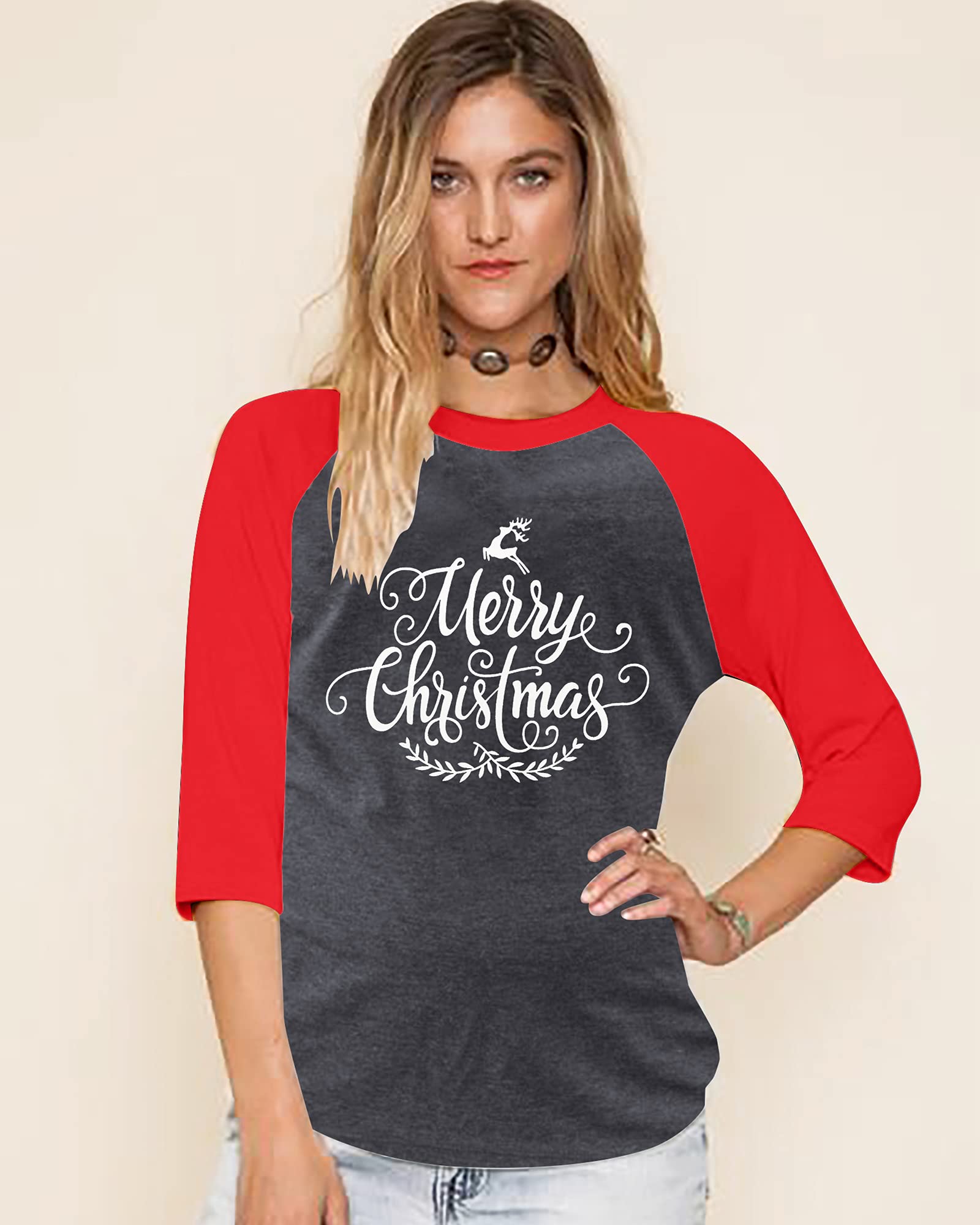 Merry Christmas Leaf Print Baseball T-shirt Women Causal Raglan Long Sleeve Tees size L (Red)