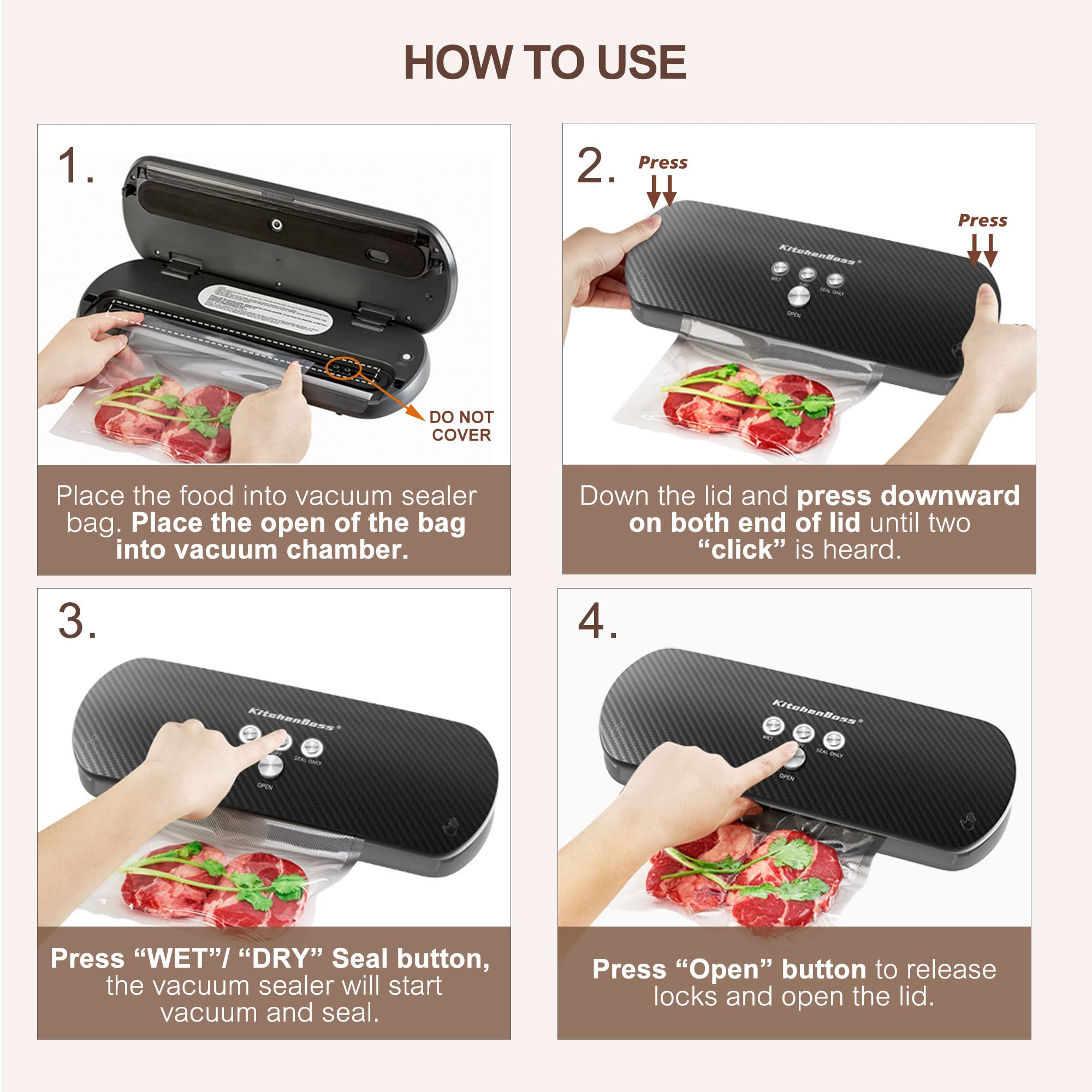 KitchenBoss Vacuum Sealer Machine for Foods Preservation Automatic Vacuum Sealing System, with Starter Kit Include 5 Pcs food Vacuum Bags