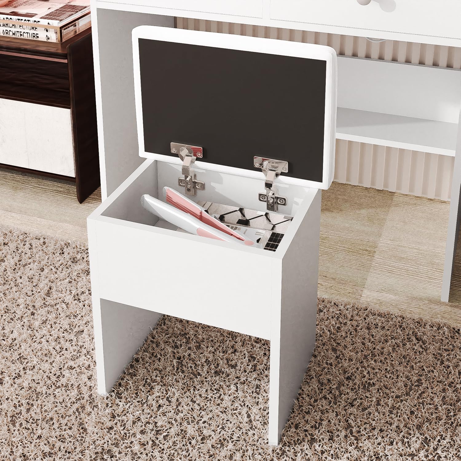 LECEVOCY Vanity Desk Set with LED Lighted Mirror & Power Outlet, Dressing Makeup Table Set with Storage Stool, 4 White Drawer for Bedroom, Bathroom