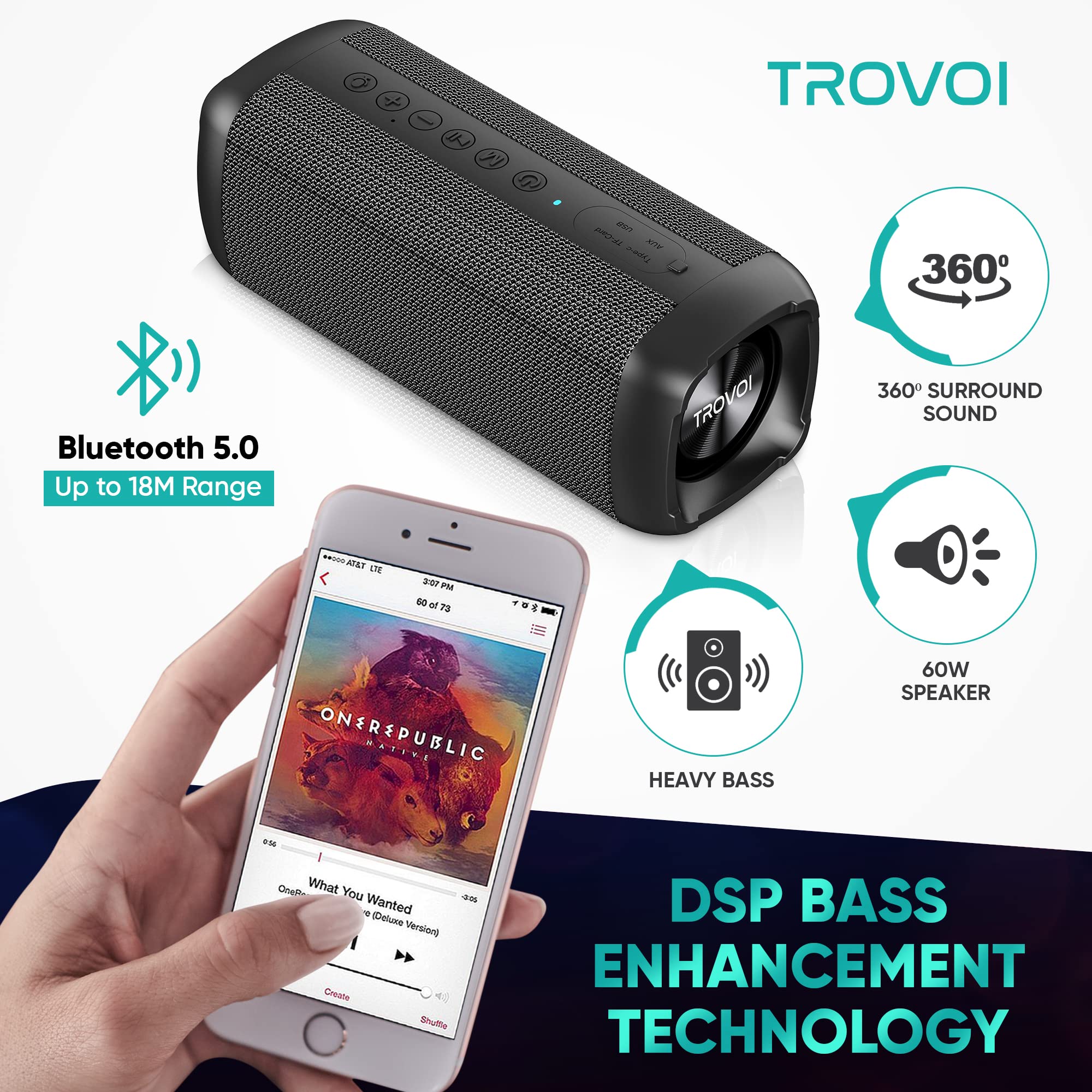 TROVOI Portable Bluetooth Speaker – 60W – IPX7 Waterproof – Suitable for Indoor, Outdoor, Pool, and Shower Use – Wireless Speakers for Home, Pool and Party – 360 Degree Sound