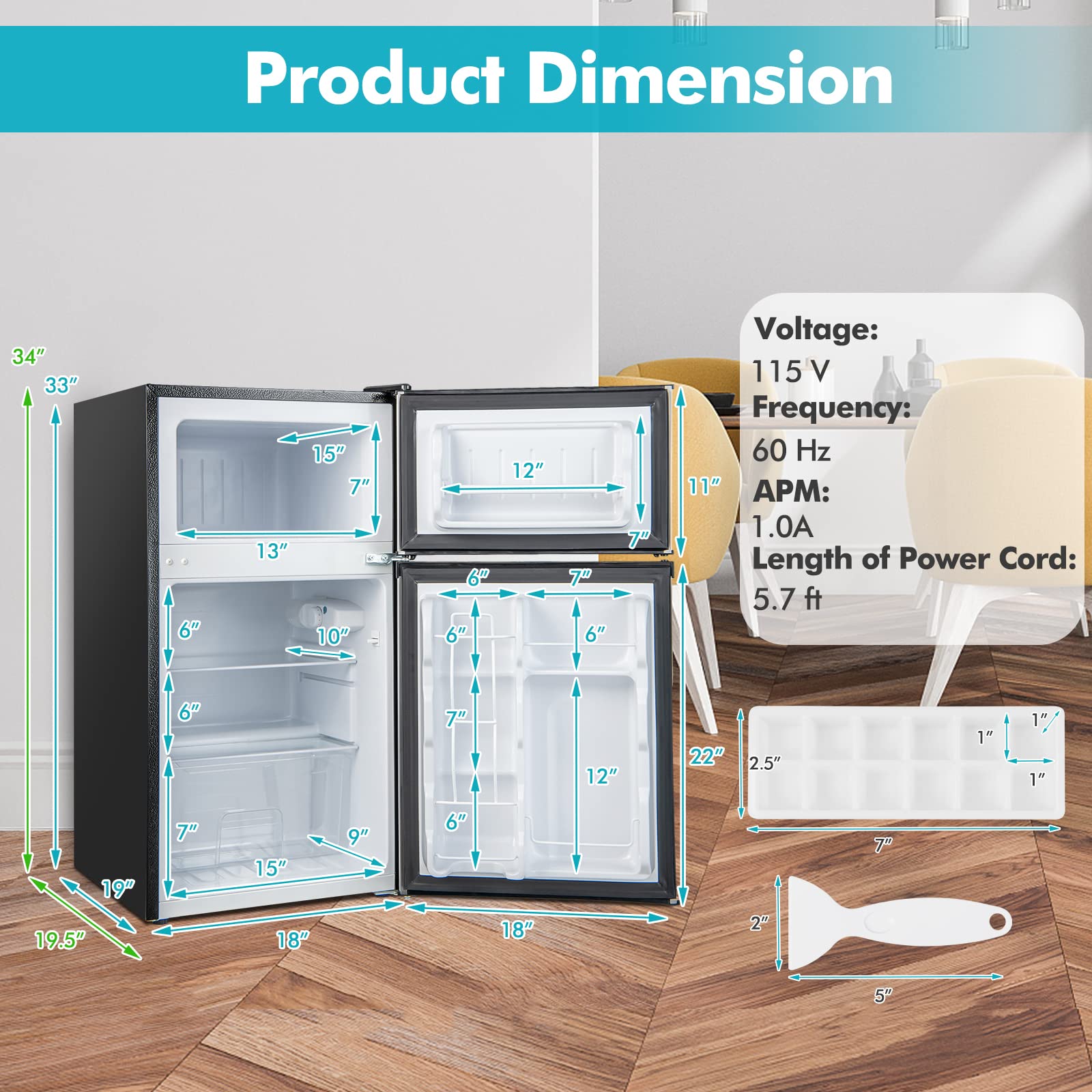 PETSITE Compact Refrigerator, 3.2 Cu.Ft. Stainless Steel Mini Fridge with 5 Temperature Settings, Reversible Door, Unit 2-Door Small Freezer Cooler for Dorm, Office, Apartment