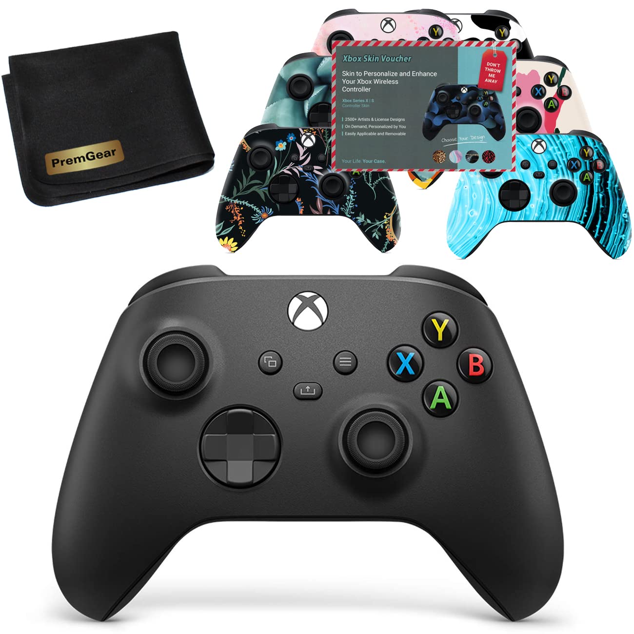Microsoft Xbox Controller (Carbon Black) for Series X, Series S, Xbox One, Windows 10, Android & Ios, Bundled with Xbox Controller Skin Voucher & PremGear Cleaning Cloth