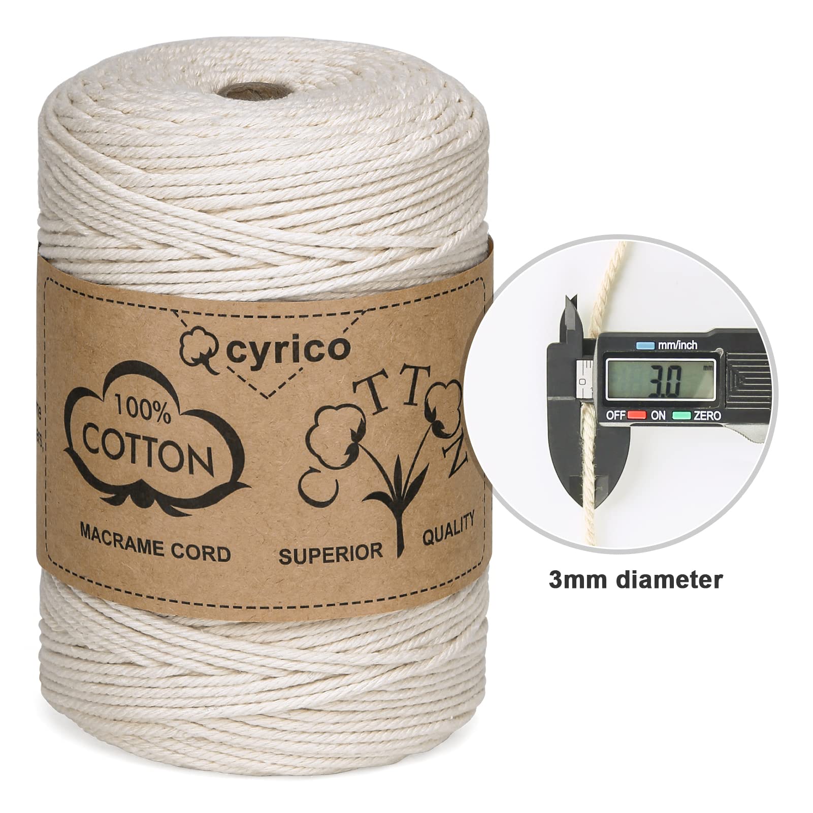 Macrame Cord 3mm x 300 Yards, 100% Natural Cotton Cord Macrame Rope - Twisted Macrame String Supplies for Wall Hanging Plant Hangers Gift Wrapping Wedding Decorations