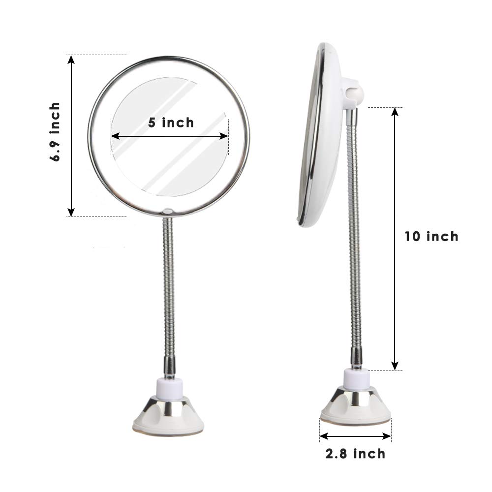 Magnifying Makeup Mirror Flexible Gooseneck LED Lighted with with Strong Suction Cup, Bright Diffused Light and 360 Degree Rotation Portable Cordless for Travel and Home Round Shape Makeup Mirror