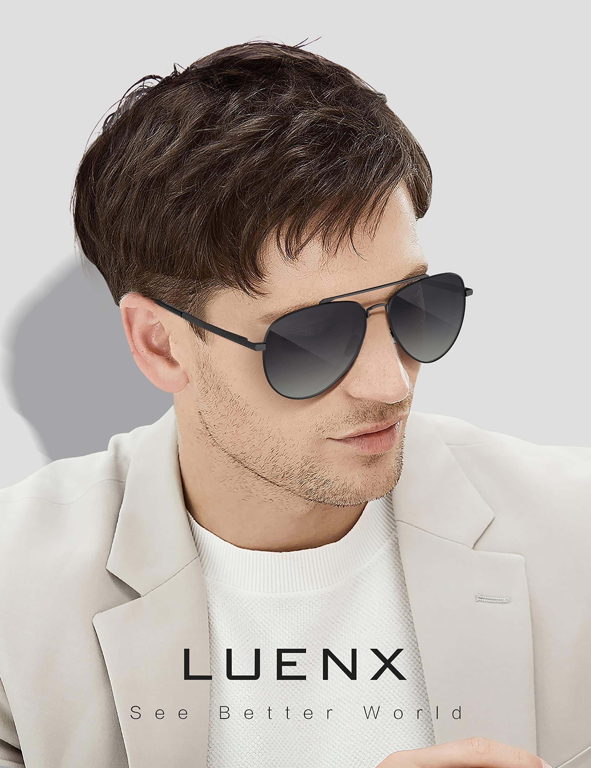 LUENX Aviator Sunglasses for Mens Womens Polarized Driving Eyewear Gradient Black Lens Metal Black Frame 60mm UV400 Protection Classic Style