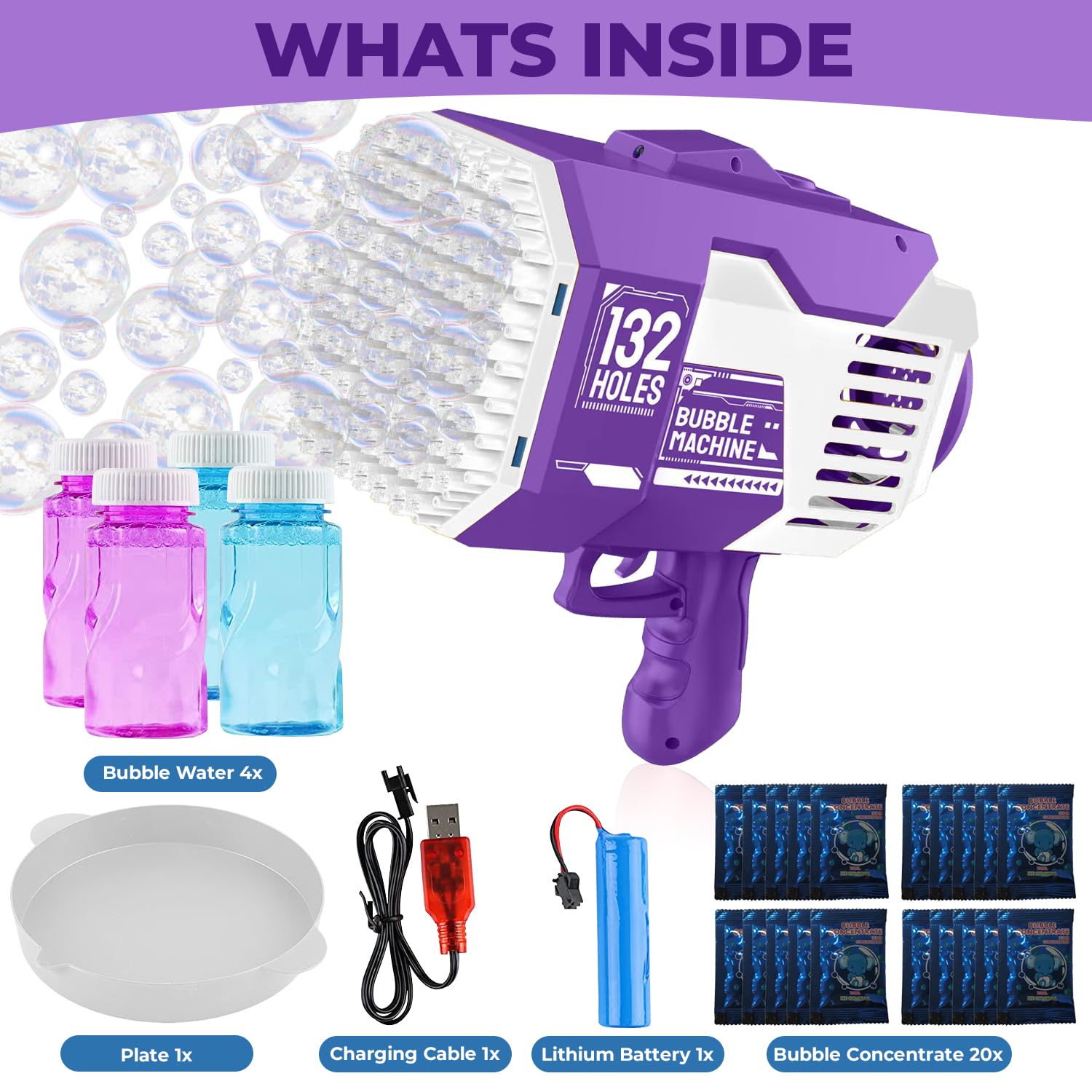 Kubromsky 132 Hole Bubble Machine Gun with Lights for Kids and Adults - Bazooka Bubble Gun for Kids and Special Events - 5000+ Bubble Blaster Per Min - Electric Rocket Bubble Gun (Purple)