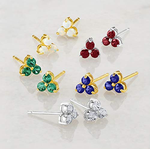 MAX + STONE 14k White or Yellow Gold Small Gemstone Trio Round Stud Earrings for Women with Push Backs and Birthstones (Created Blue Sapphire, white-gold)