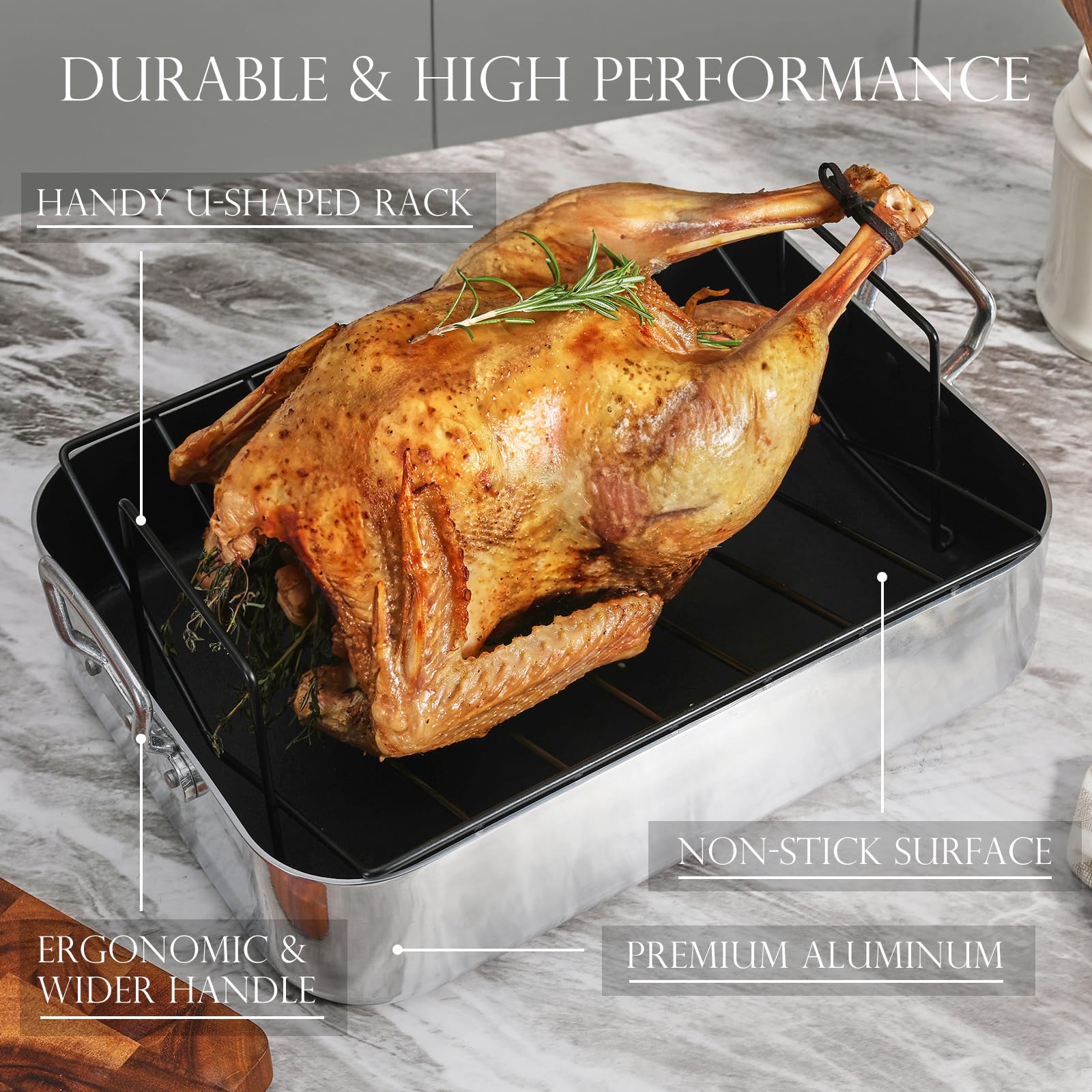 KITESSENSU Nonstick Turkey Roasting Pan with Rack 17 x 14 inch - Large Chicken Roaster Pan for Oven - Wider Handles & Heavy Duty Construction - Suitable for 24lb Turkey, Gray