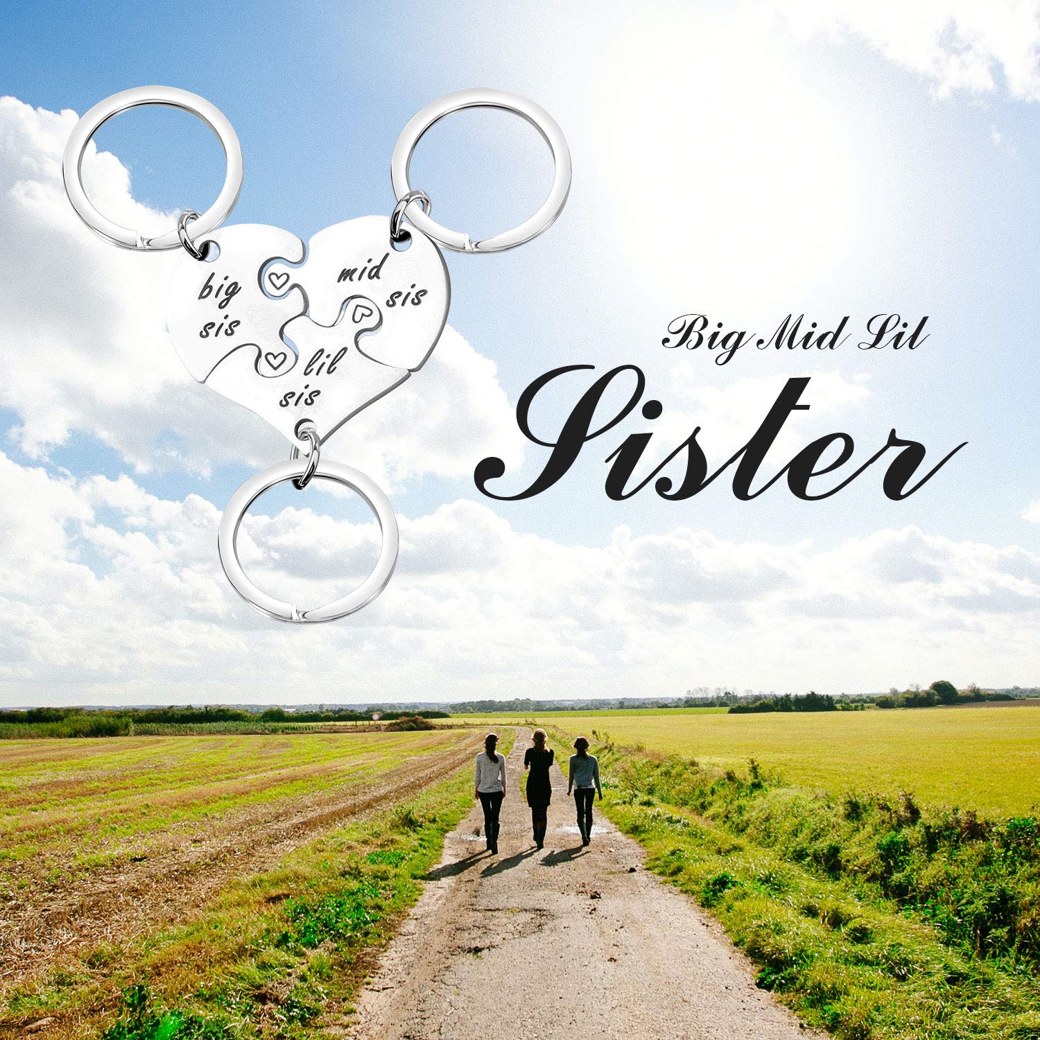 MAOFAED 3 Pieces Sisters Keychains Set Big Sis Mid Sis Lil Sis Matching Set 3 Sisters Gift Big Middle Little Sisters Gift