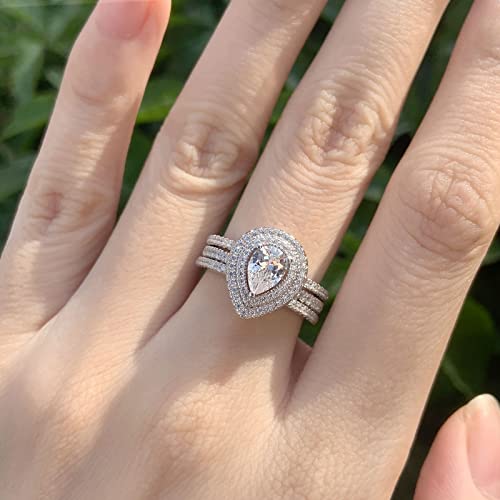 SHELOVES Wedding Engagement Ring Sets for Women Vintage Halo Pear CZ Stackable Ring 925 Sterling Silver Sz 9