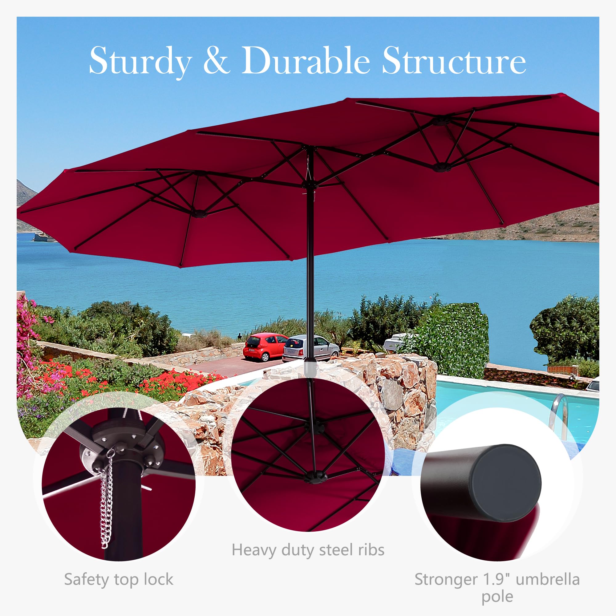 Sophia & William 15ft Patio Umbrella (Base Included), Extra Large Outdoor Double-sided Umbrella, Red
