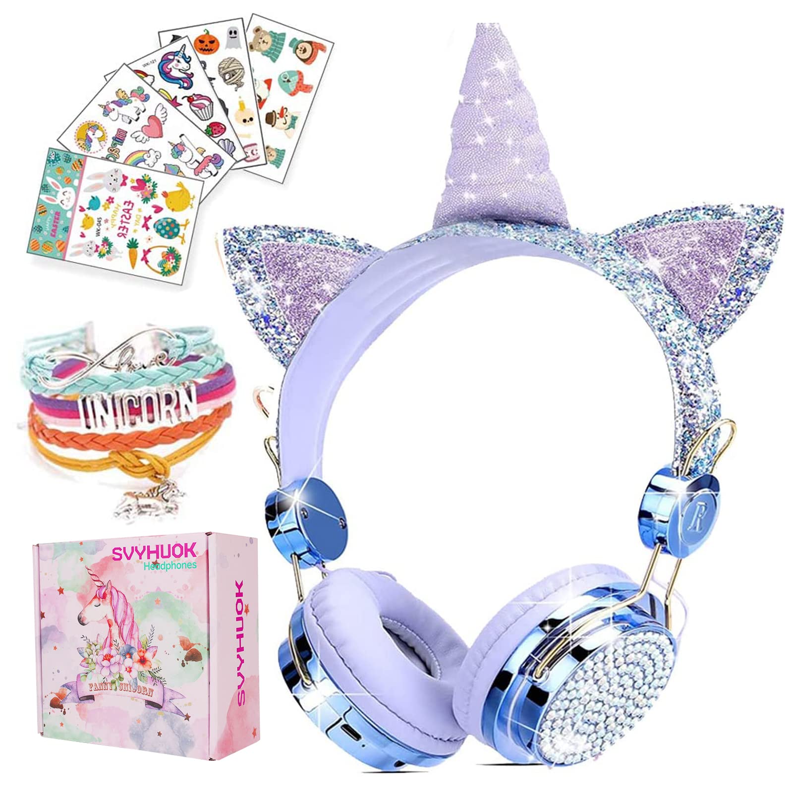 Unicorn Kids Bluetooth Headphones for Girls, Wireless Headphones with Microphone for Teens, Safe Volume Limited 85db POM Cat Ear Over-Ear Headset HD with Mic for School/Tablet/Birthday Xmas Gift