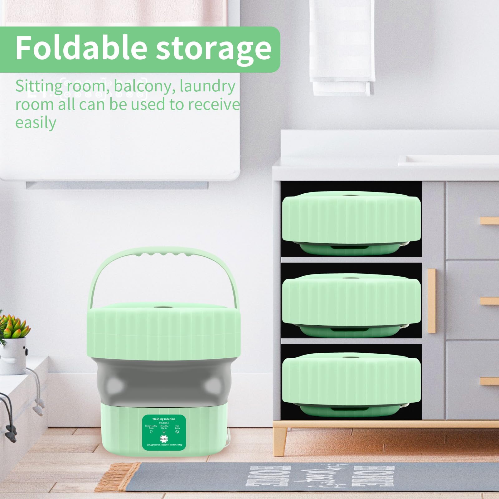 MINDORE Portable Washing Machine, 6.5L Large Capacity, 3 Modes of Deep Cleaning, Mini Washing Machine Suitable for Washing Baby Clothes, Underwear, Socks, Suitable for Apartment Camping Travel, Green
