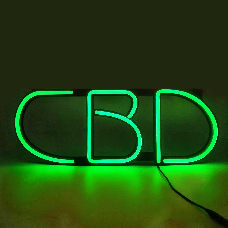 LED Neon Open Sign 21 x 8 inches CBD Light Signs, Super Bright Silicone Flex Neon Black Backer with Green Letters for Store (5521cbd)