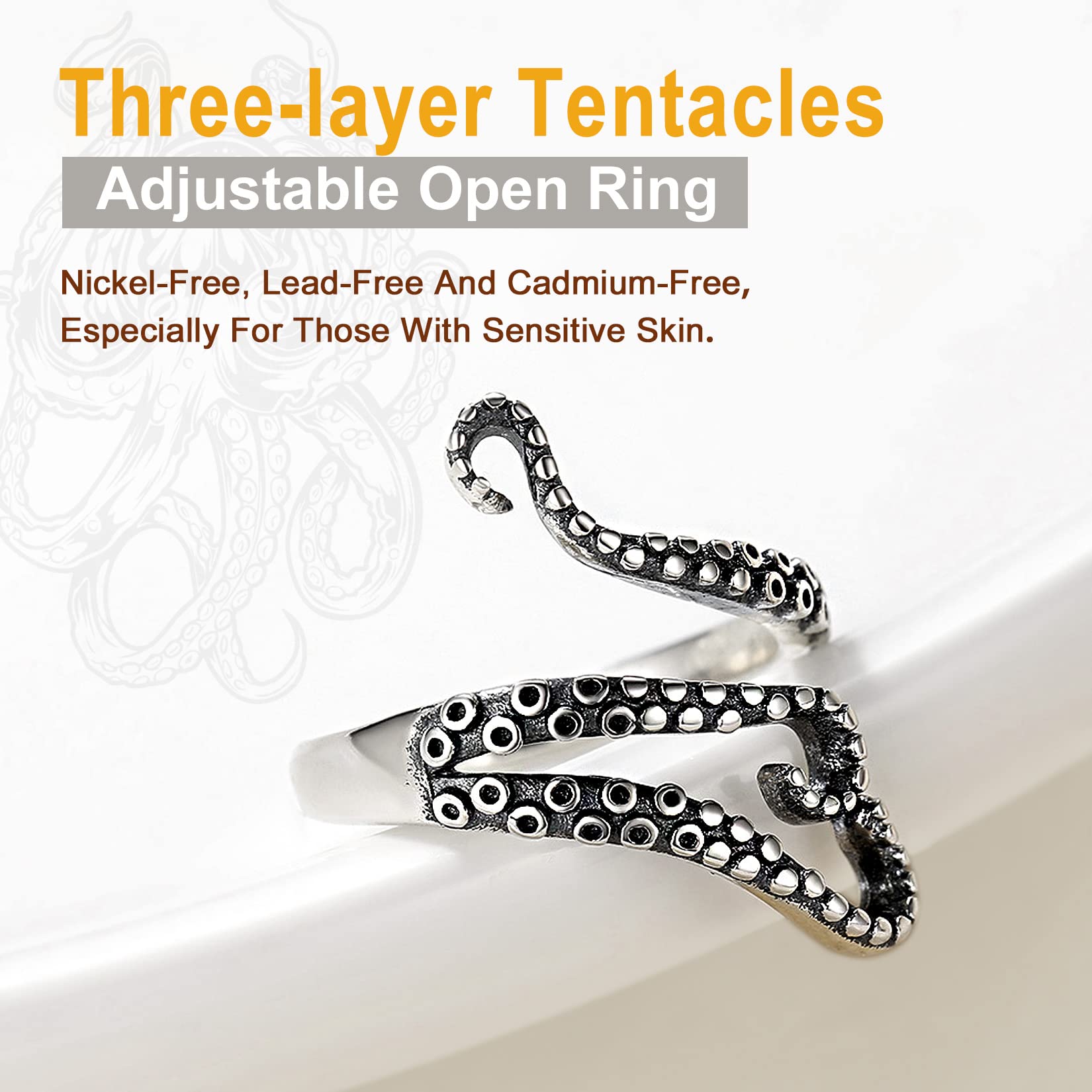 SILVERCUTE Silver Octopus Ring Personalized Punk Tentacle Band Statement Animal Ring Kraken Ring Pirate Rings for Men Women