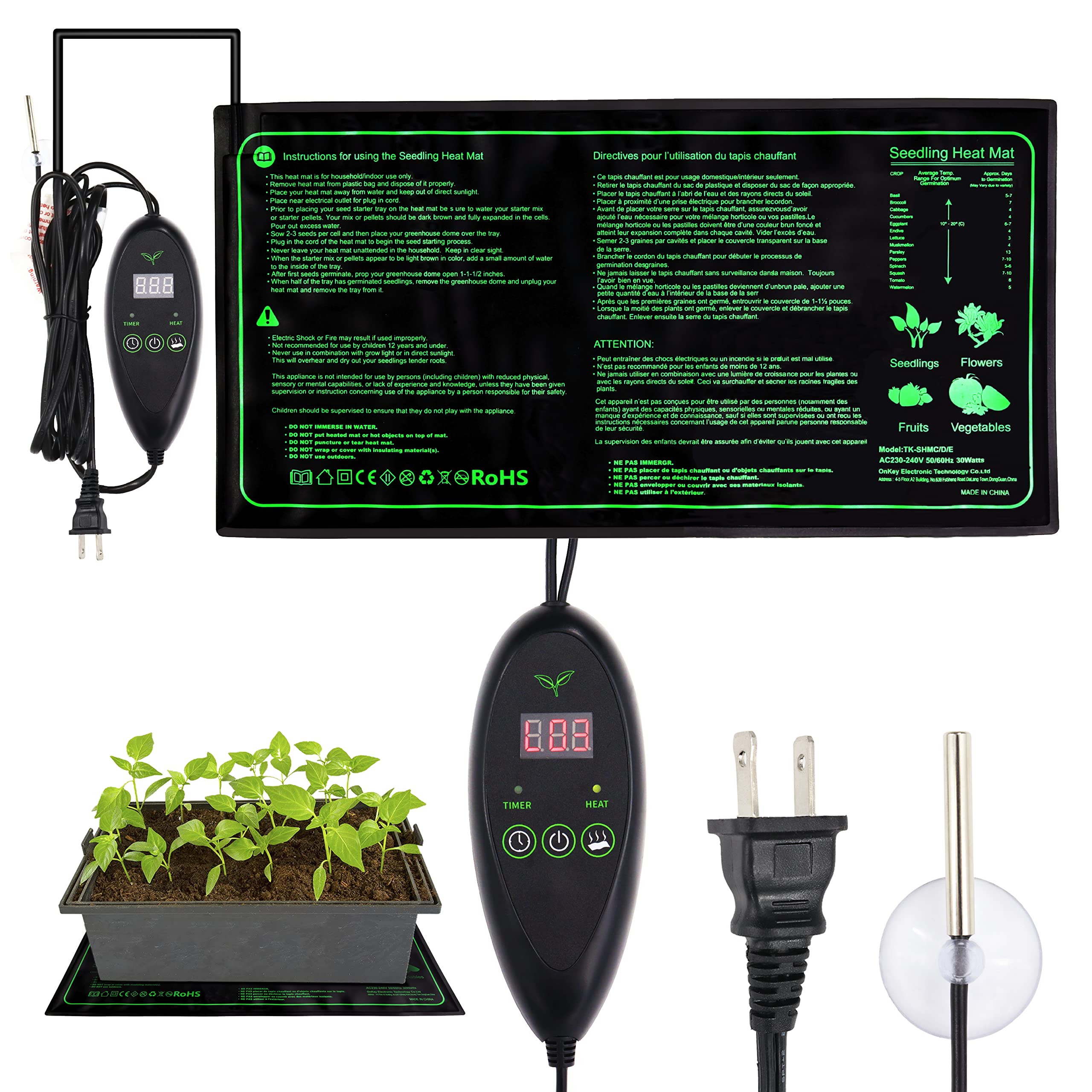 LAWNFUL Illuminated Seed Starter Kit: 60 Peat Pellets + 10''x20'' Plant Heating Mat + 3 Pack Germination Trays with Grow Light & Humidity Dome + 80 Plant Labels + Gardening Tools