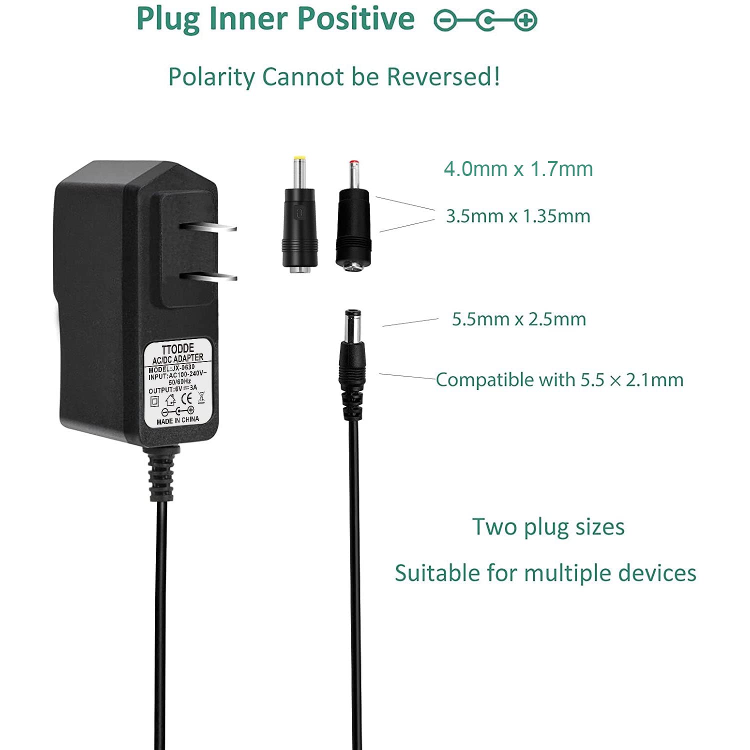 TTODDE AC/DC Adapter 6V 3A 2.5A 2A 1.5A 1A 800ma 500ma 300ma Power Supply Adapter 6V Power Cord 18W 100-240V 50-60Hz DC 6Volt 3000mA Power Adapter Chrager Compatible Most DC 6V Devices