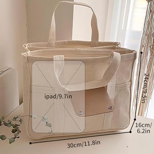 Large Capacity Multi-pocket Casual Canvas Bag Versatile Shoulder Crossbody Tote Bag (White)